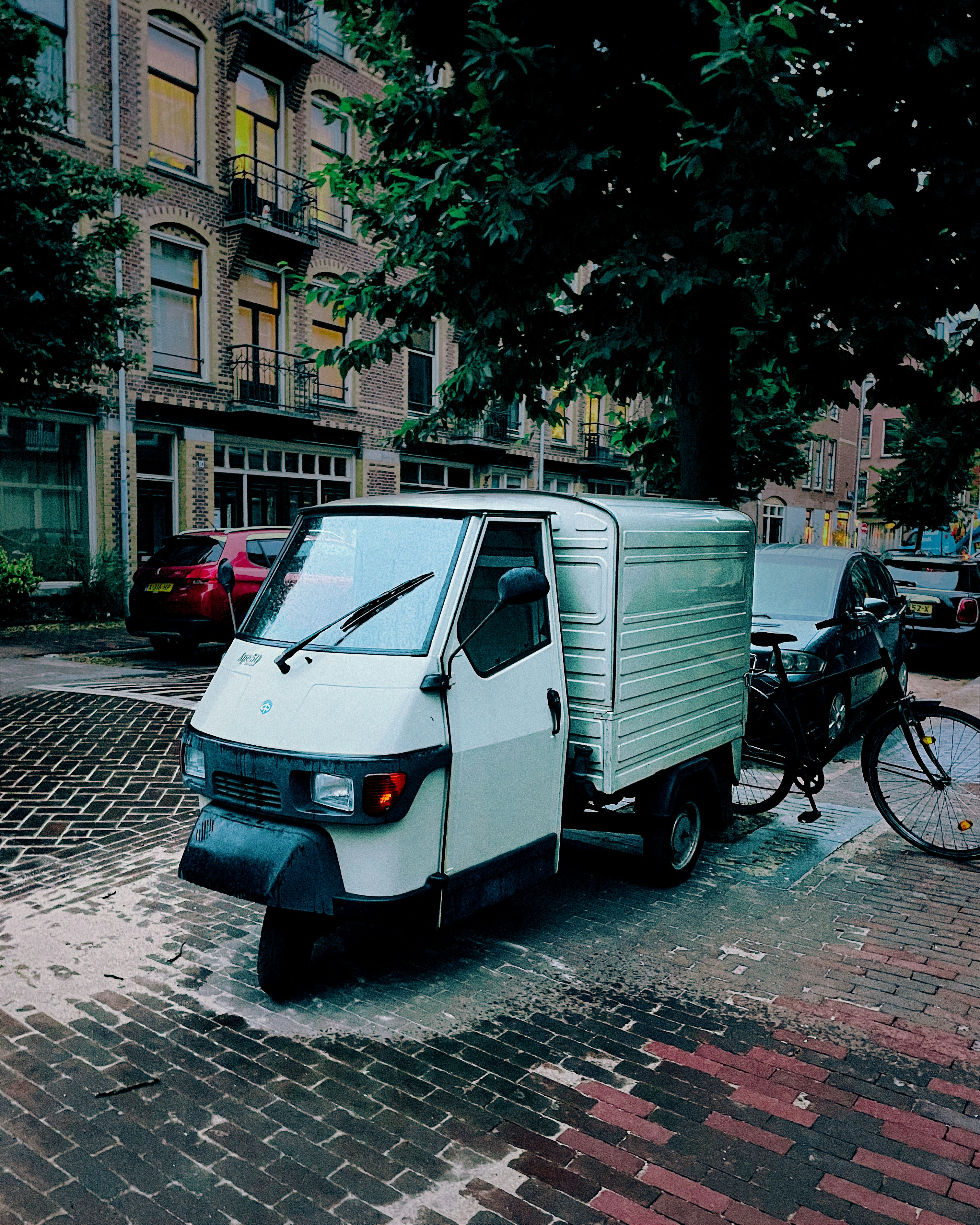 White Cargo Trike on Cobblestones: A Quiet Urban Moment Beneath Dappled Canopy