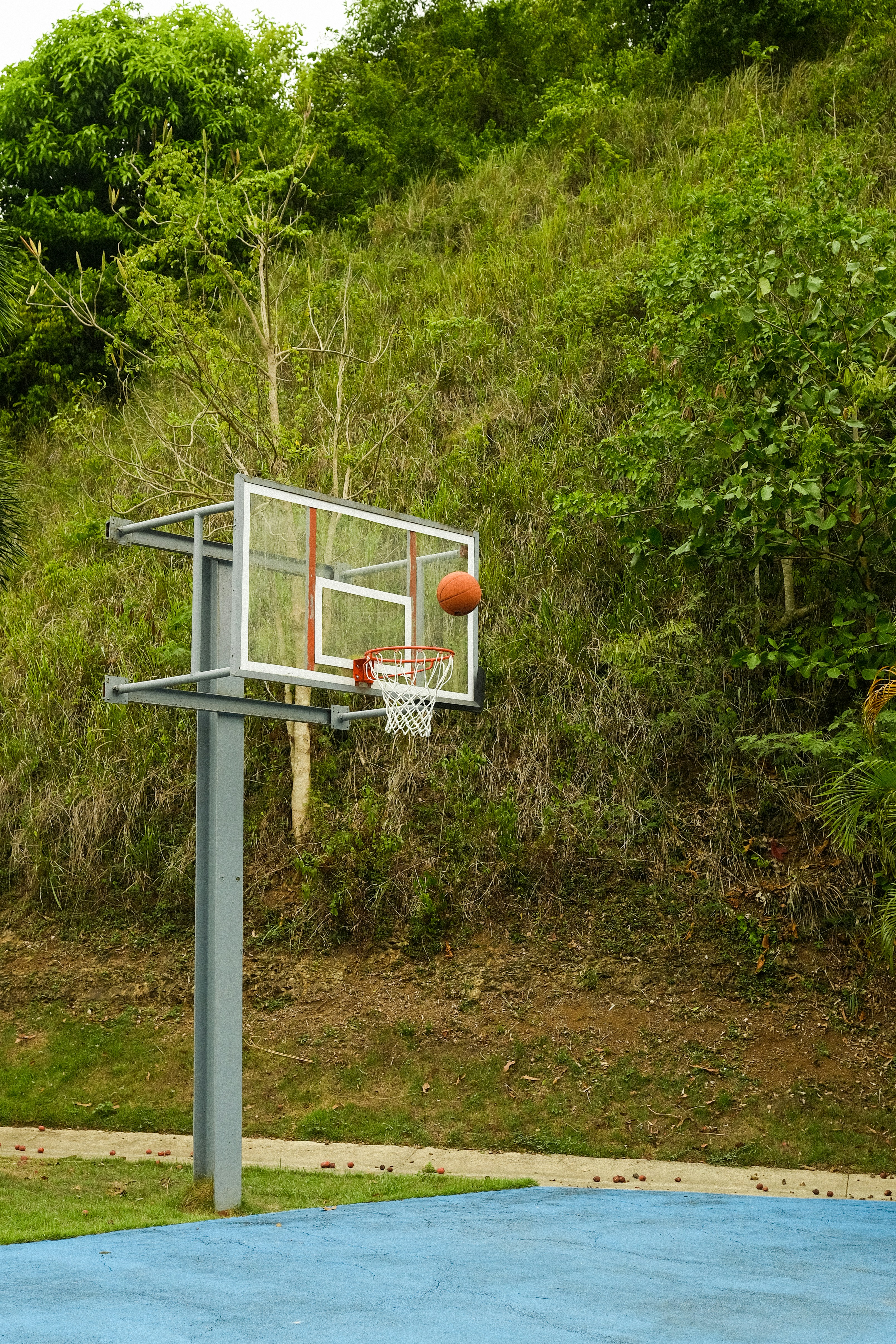Ball in Flight Over a Blue Outdoor Court Backboard with a Green Slope Behind