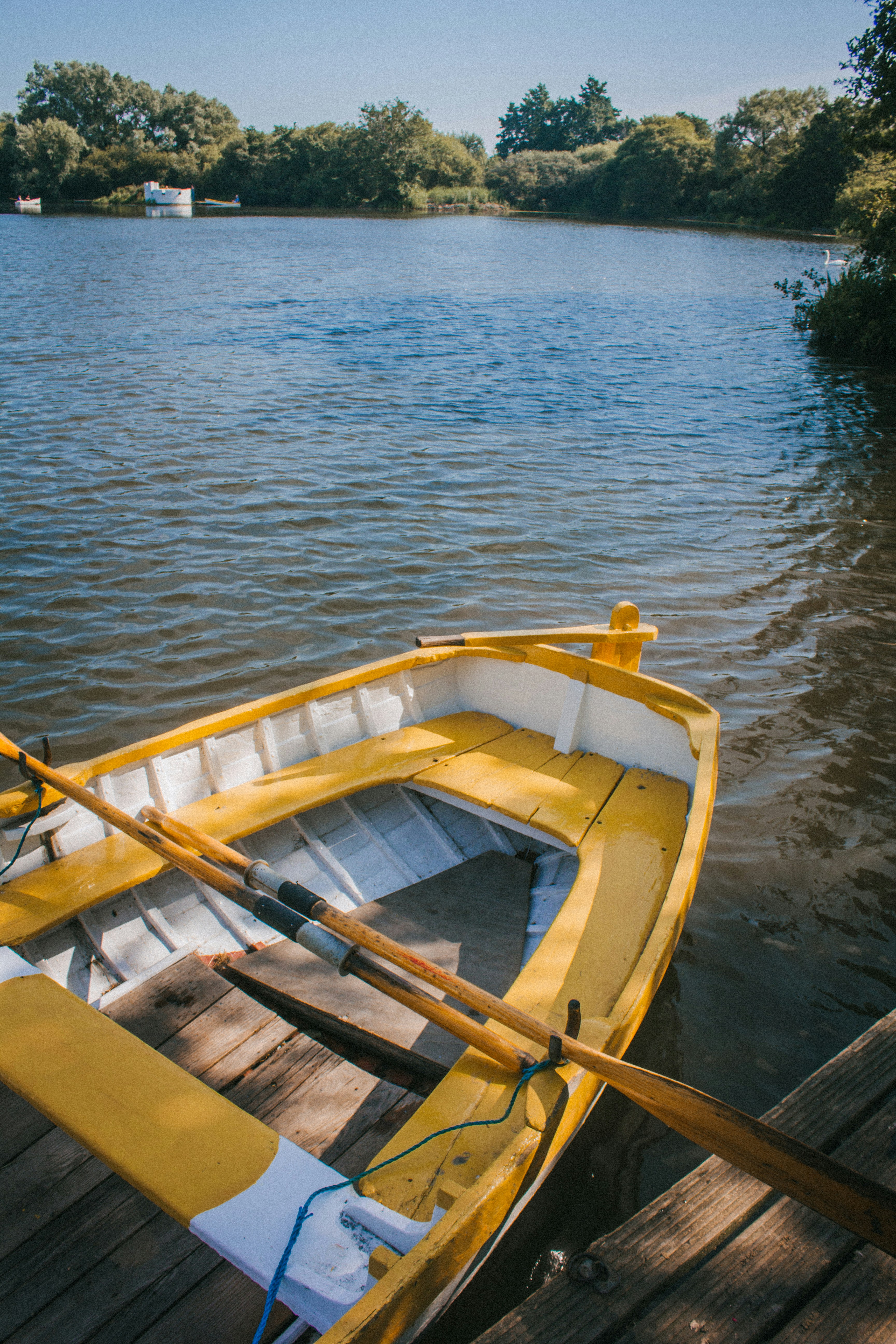 a yellow and white boat sitting on top of a body of water