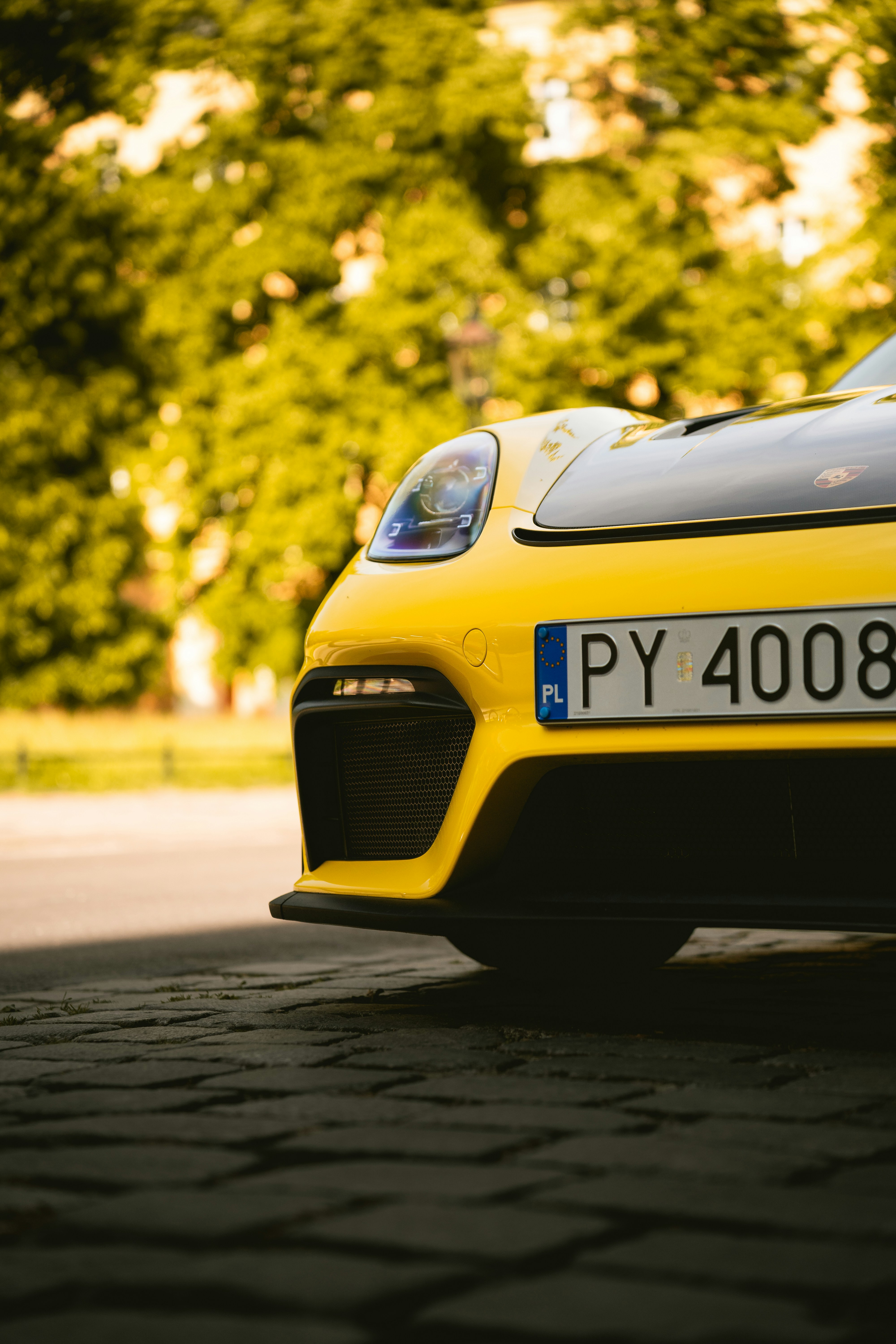 Sunlit Front End: The Yellow Sports Car with Polish Plate