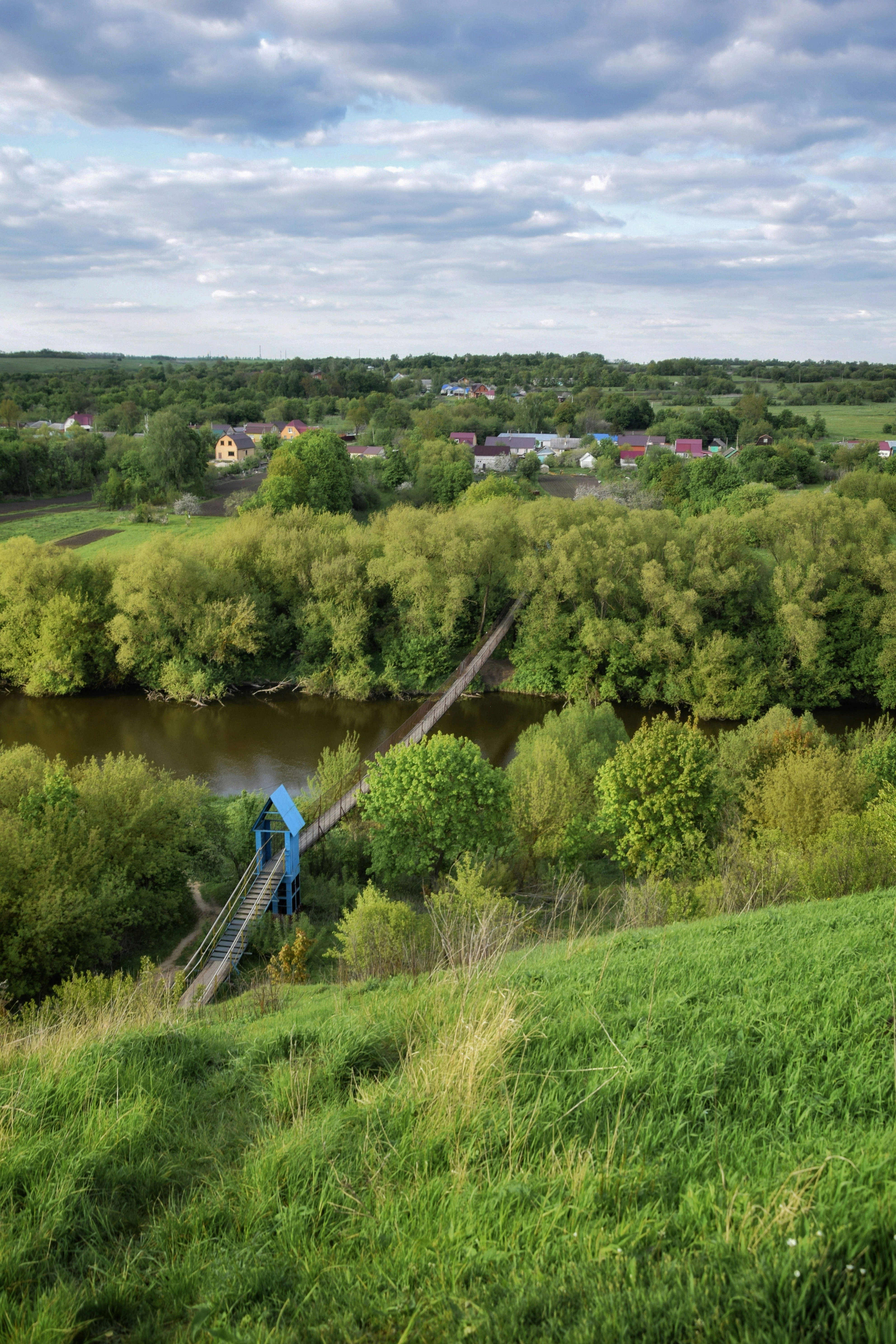 Un train bleu voyageant à travers une campagne verdoyante photo – Photo ...