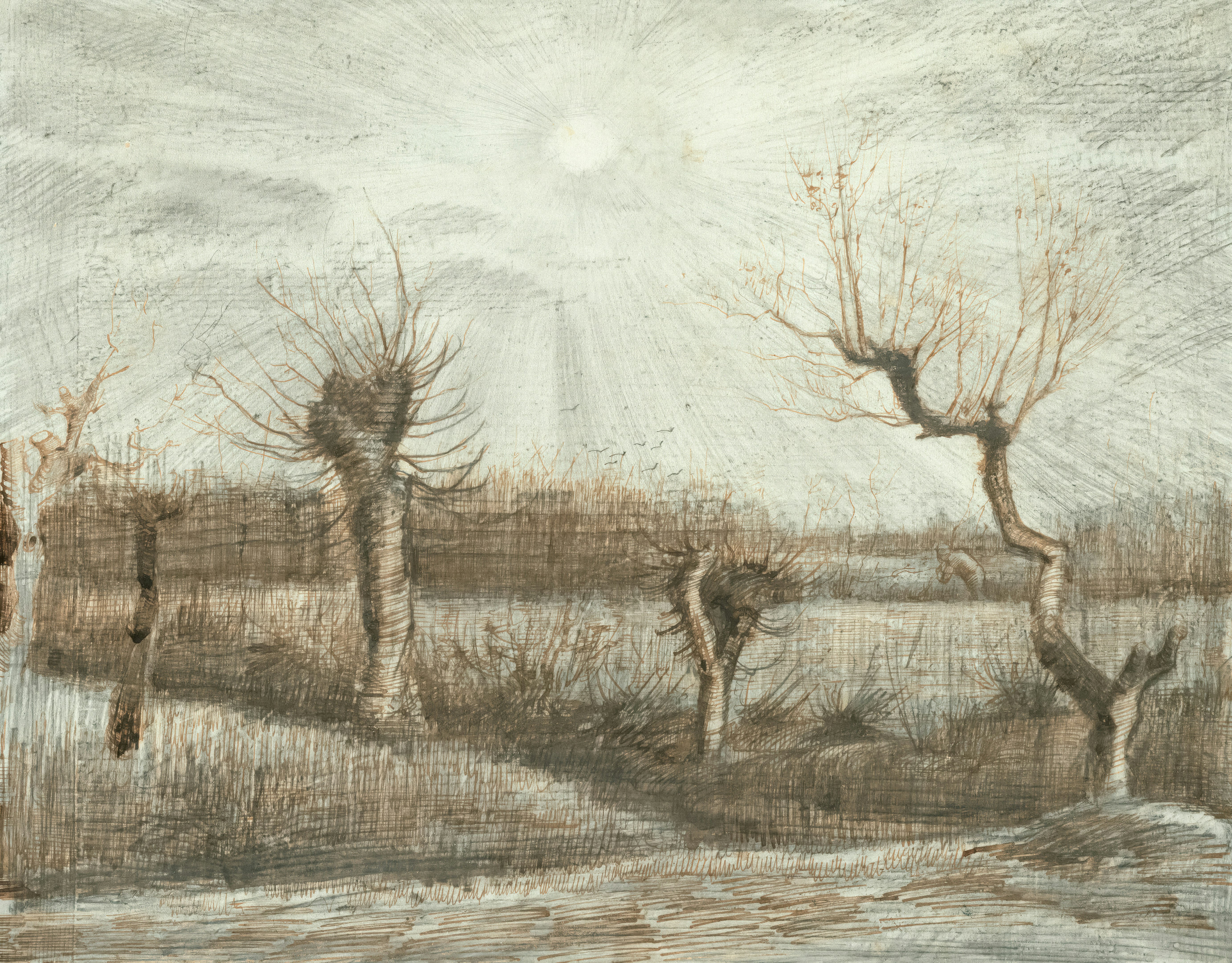 A drawing of a landscape with trees and a body of water photo – Free ...