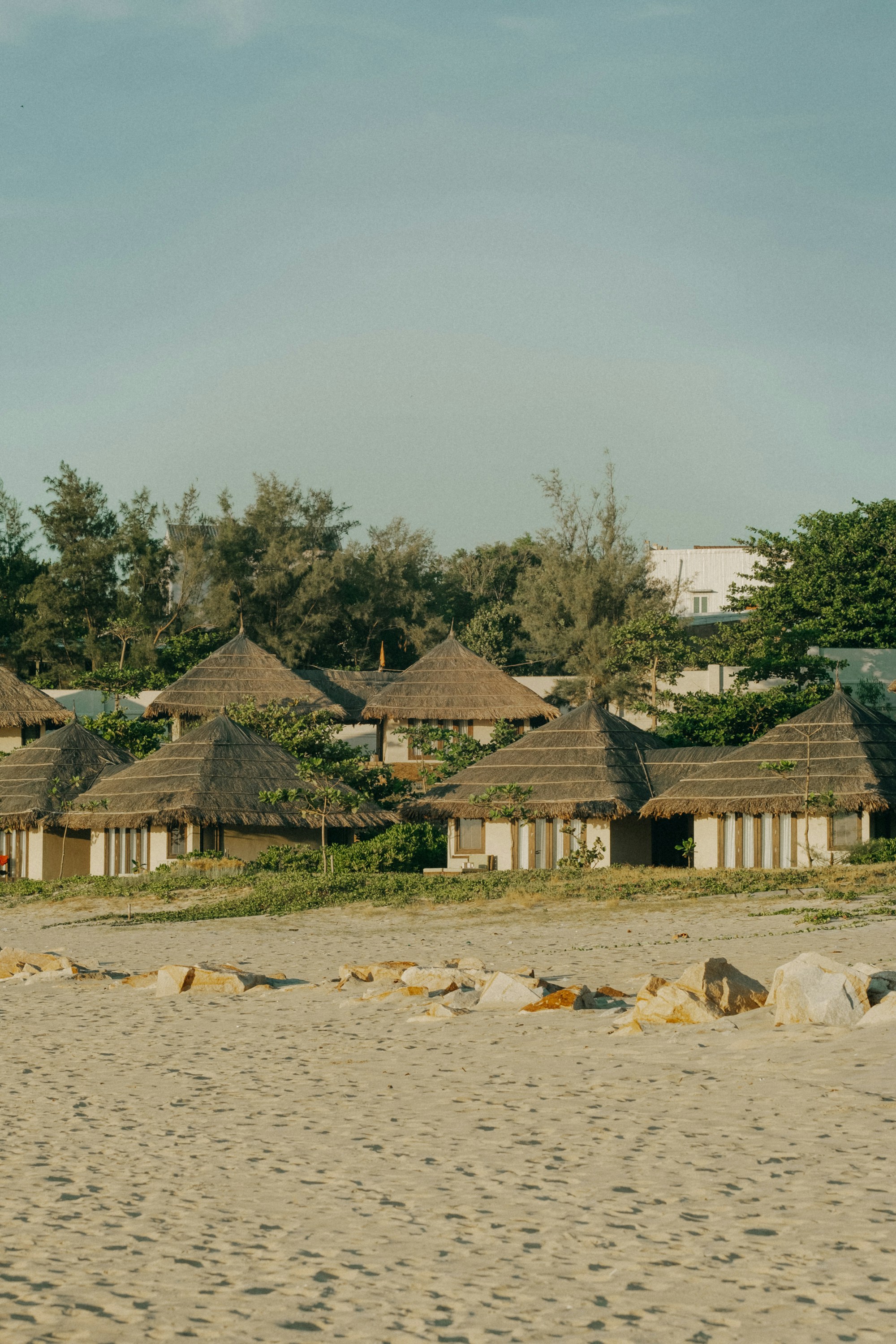Thatched Cabana Row Along a Quiet Coastal Beach