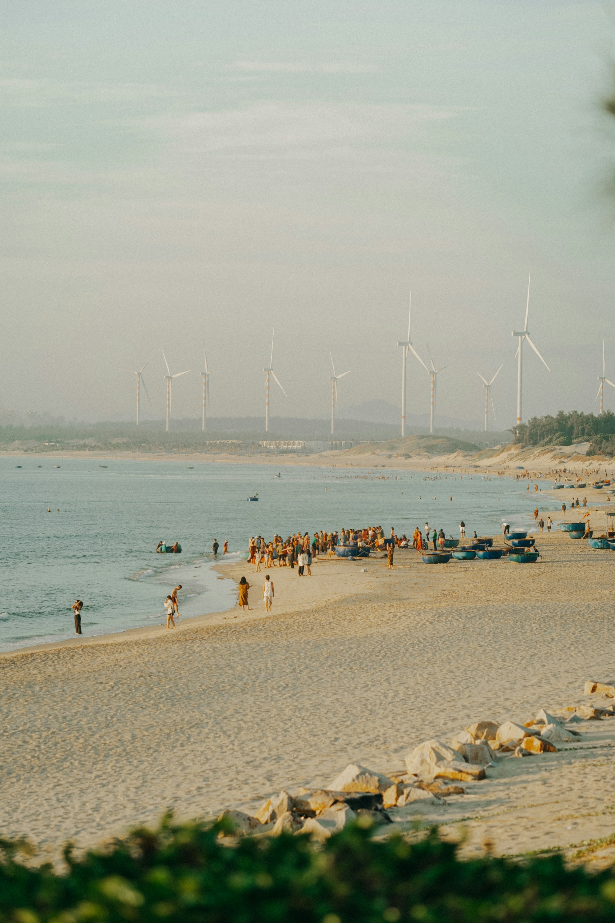 Beach Gatherings Under Distant Turbines