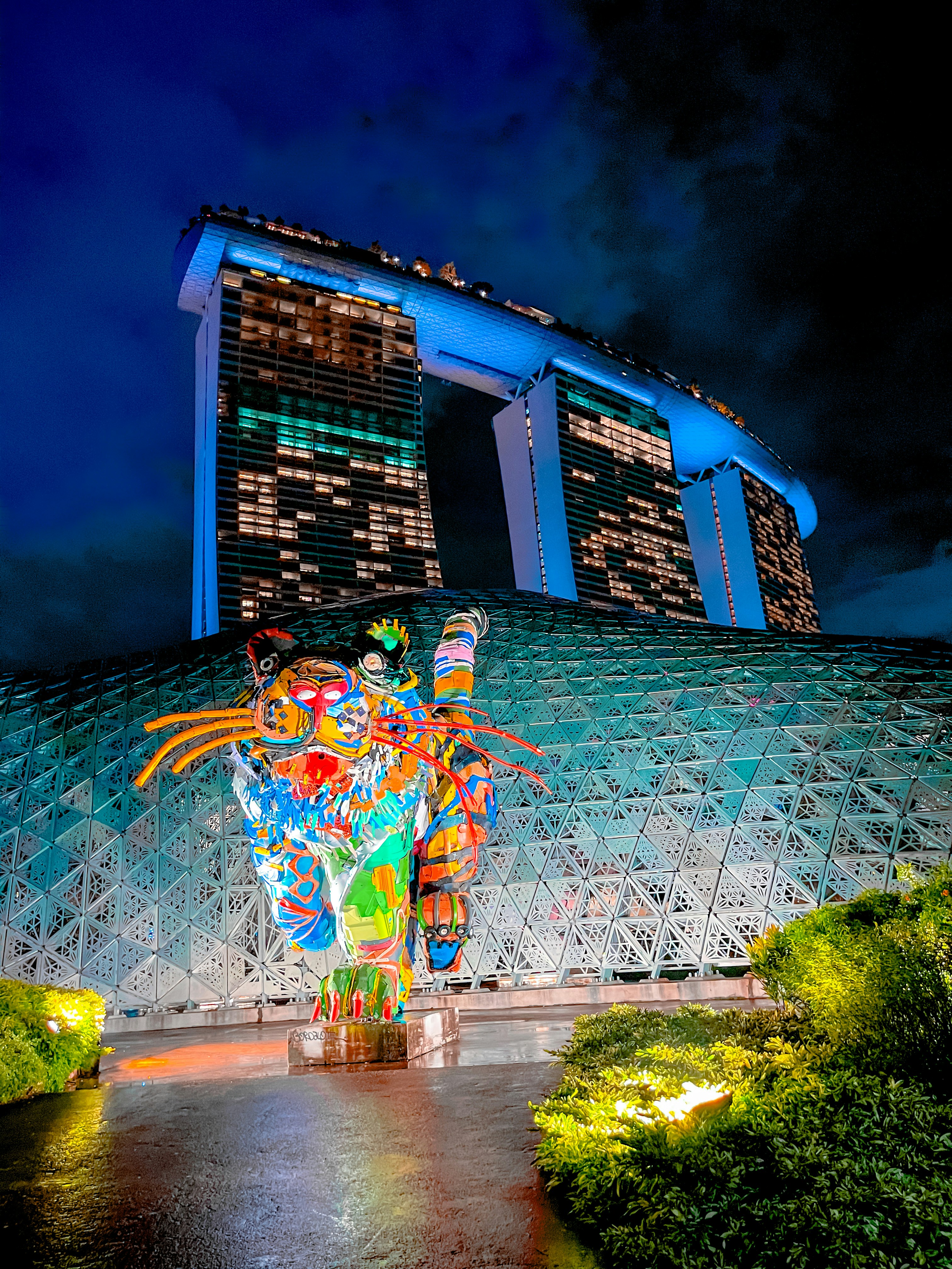 Neon Dragon Over Glass Canopy: Night at Marina Bay