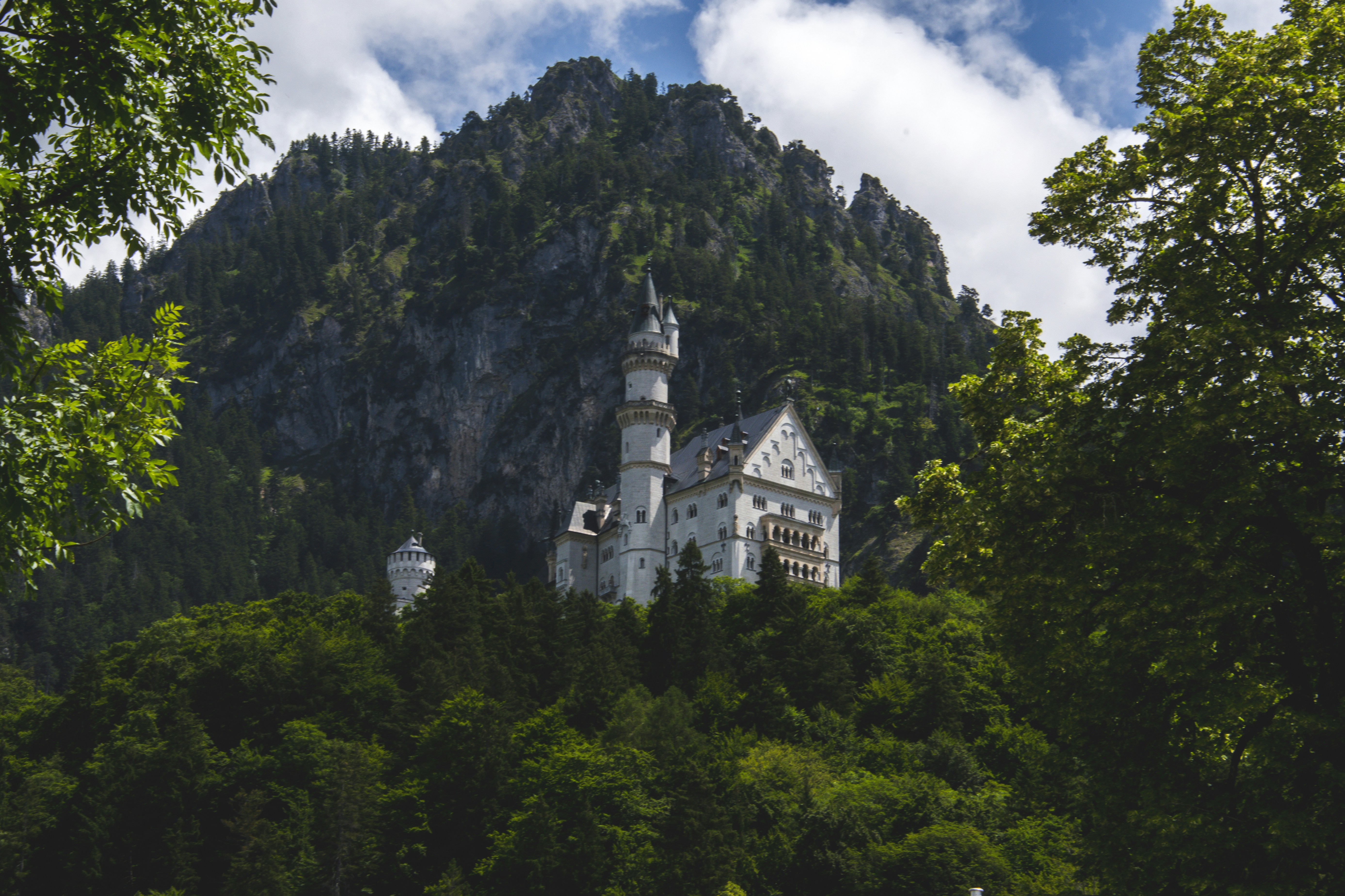 A large white castle sitting on top of a lush green hillside photo ...