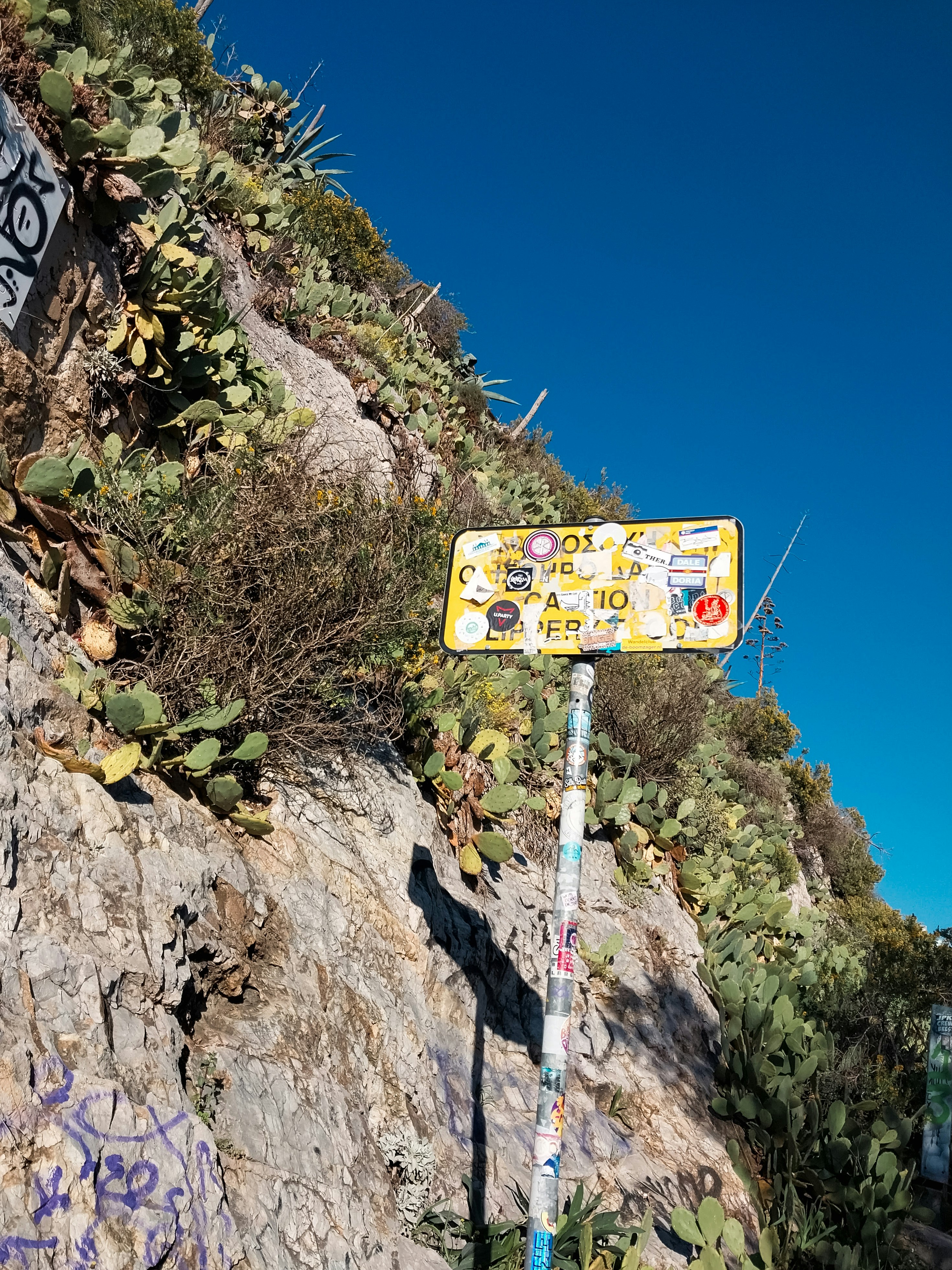 Stickered Signpost Clinging to a Rocky Slope under a Bright Blue Sky