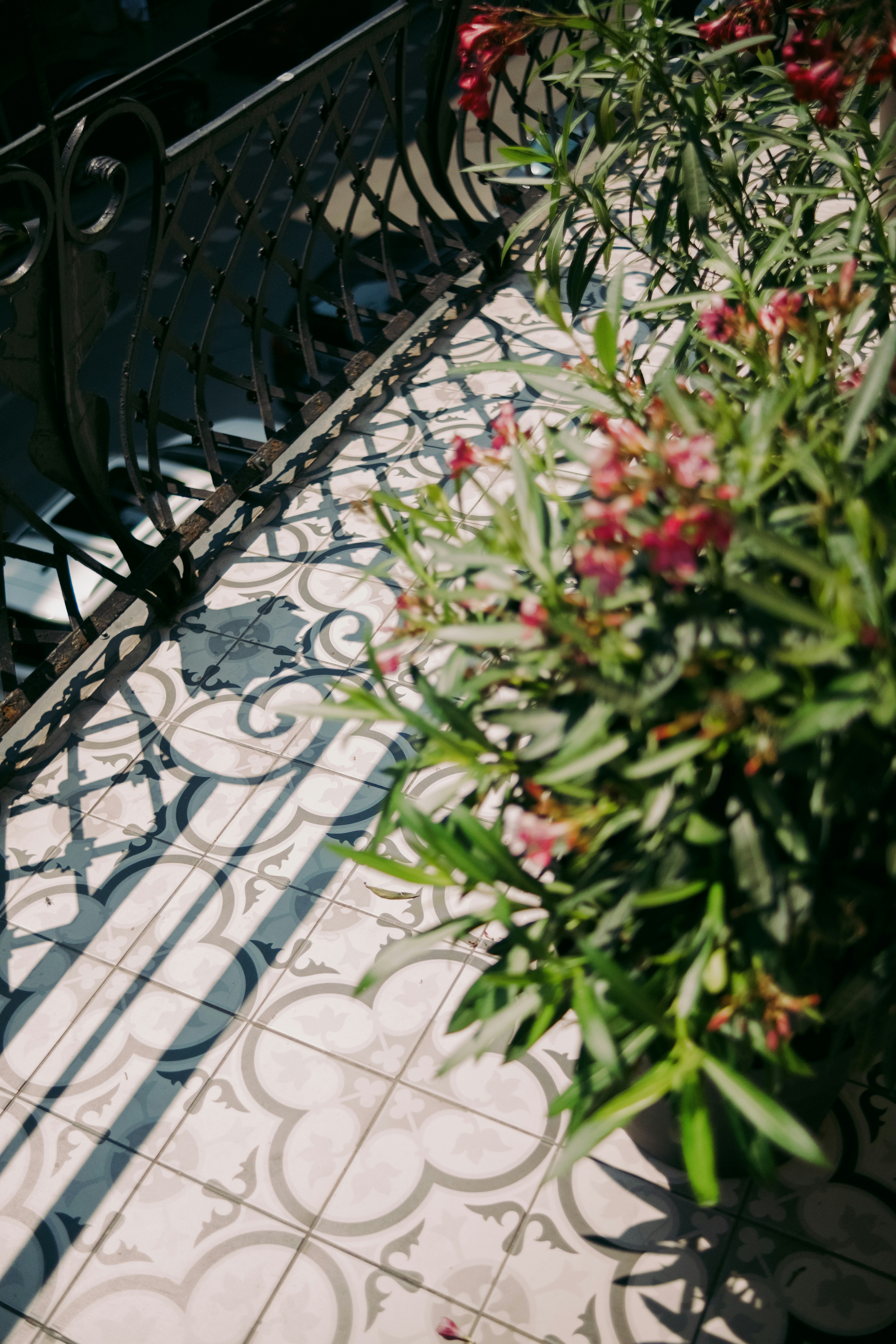 a vase of flowers sitting on top of a tiled floor