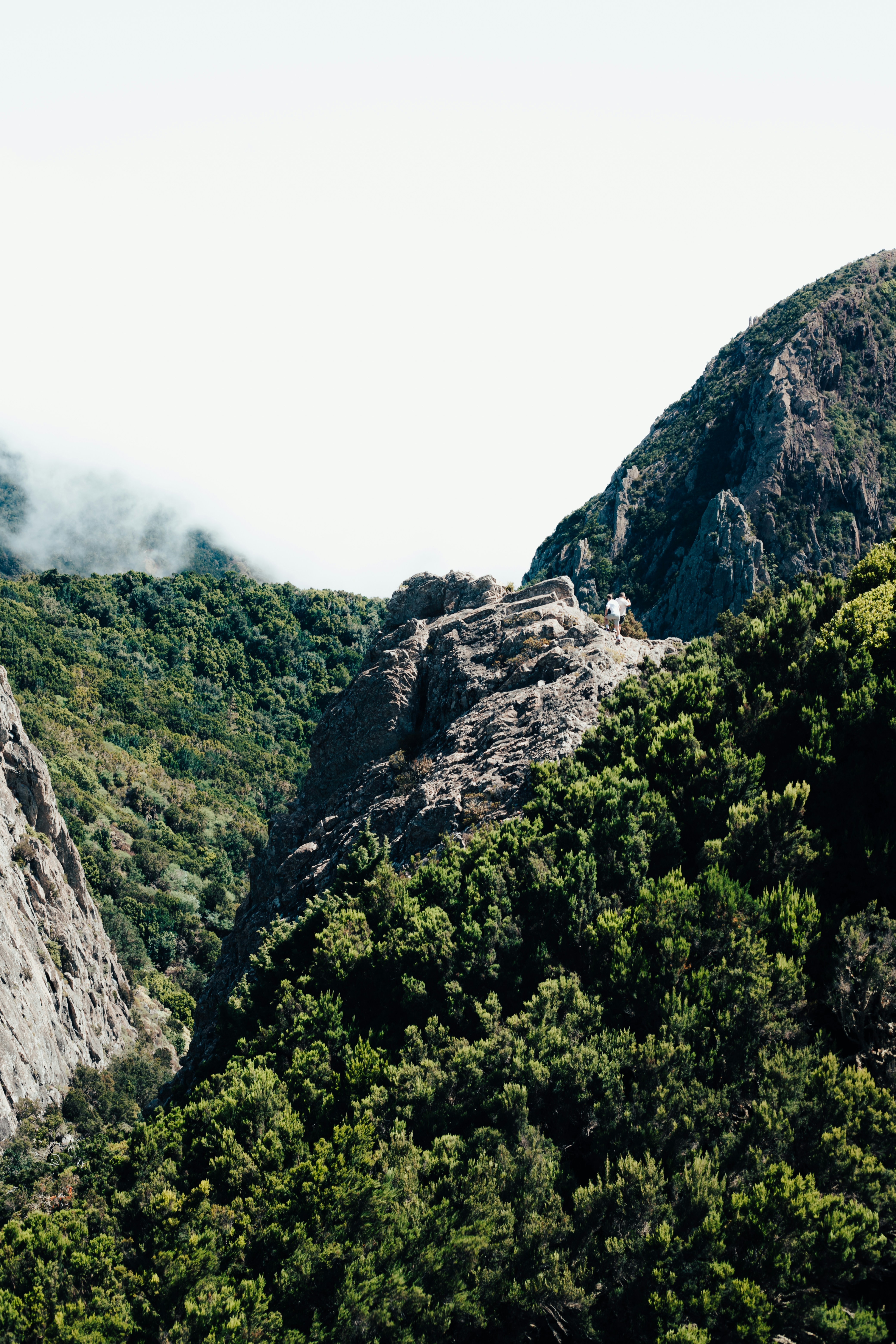 A hiker navigates rocky terrain amidst lush greenery and distant hills, showcasing the rugged beauty of the landscape.