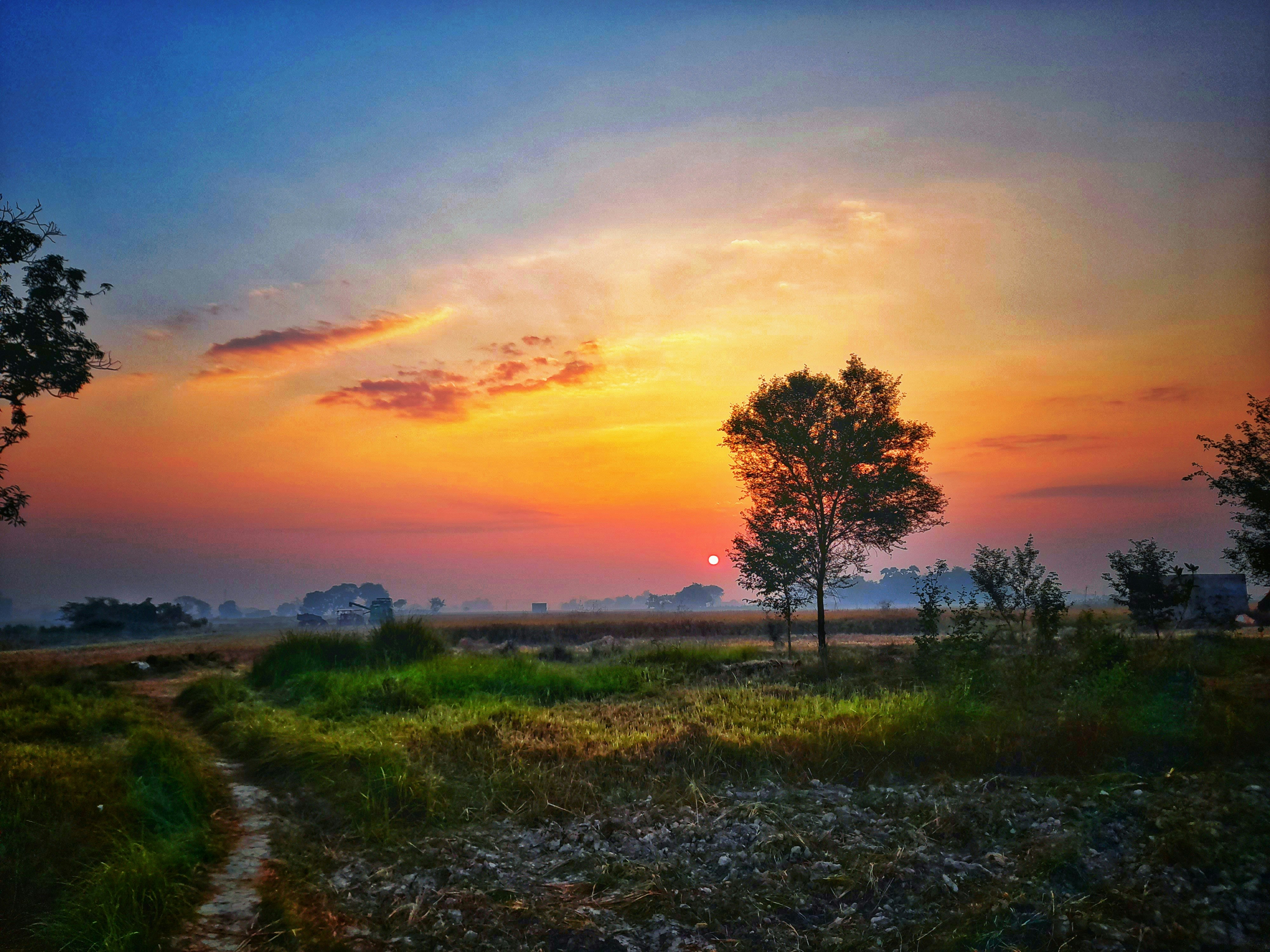 Vibrant sunrise over a rural landscape with silhouetted trees and colorful sky.