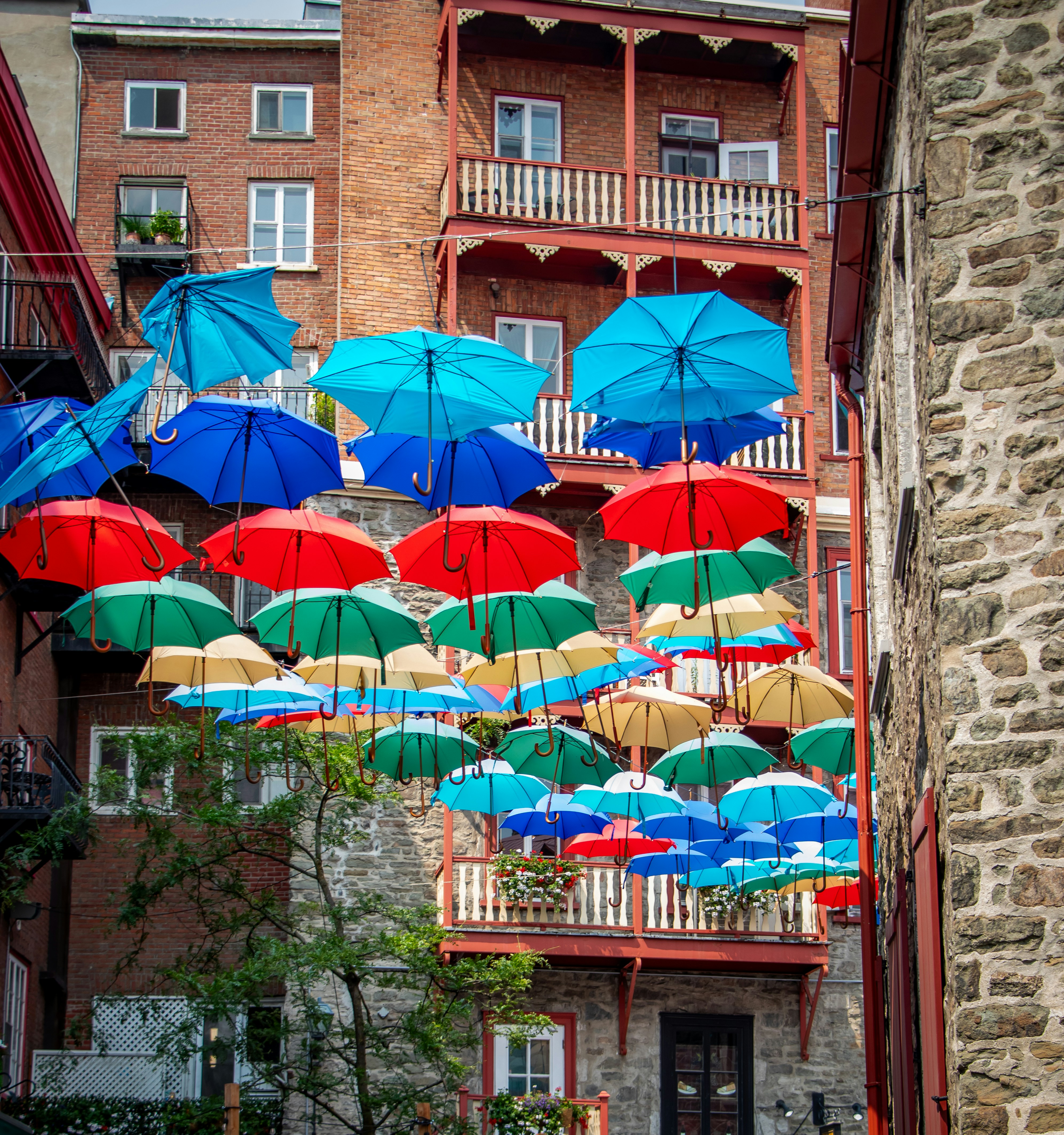 Umbrella Canopy Over a Brick Courtyard: A Living Rainbow