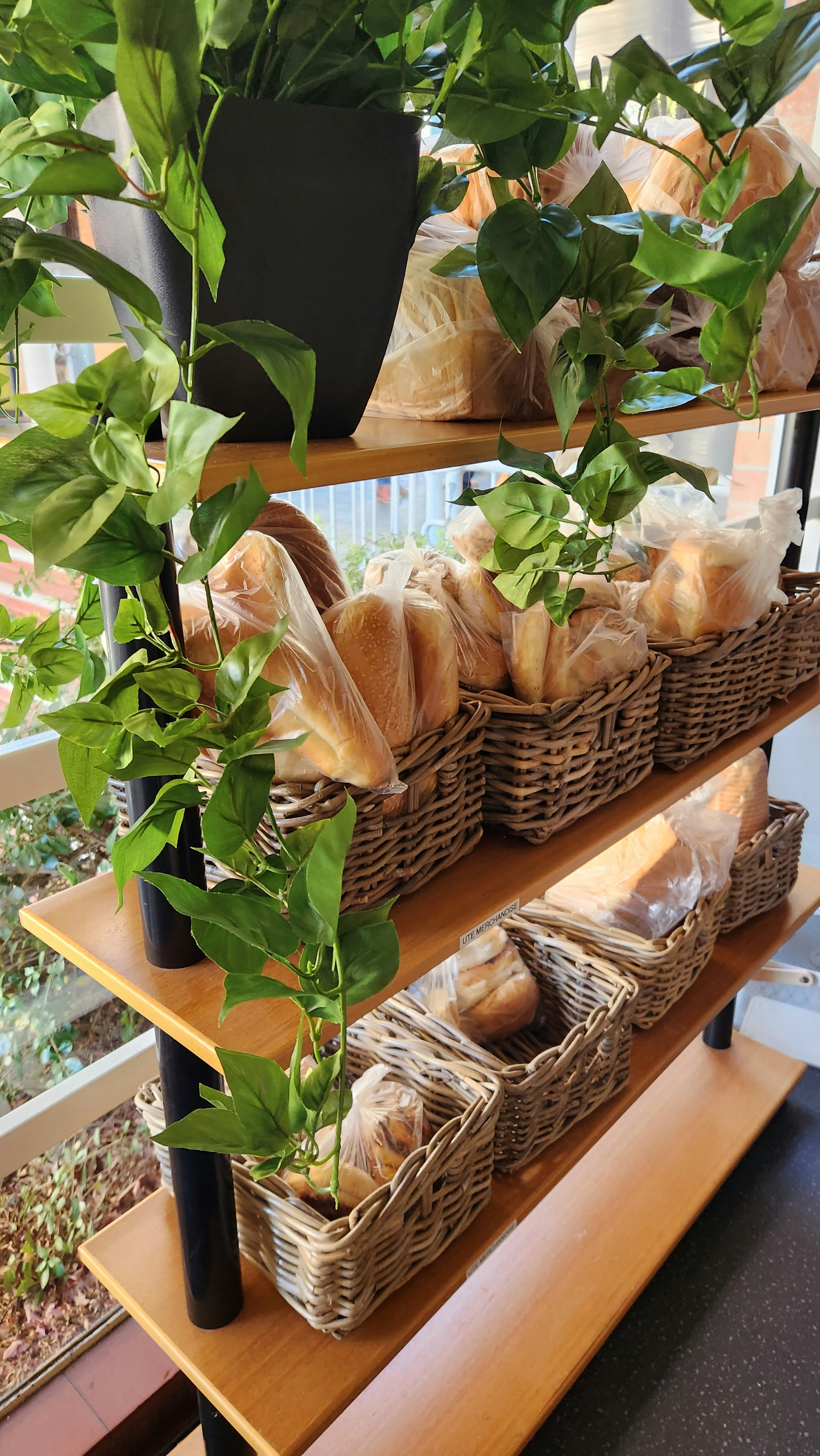 Loaves in Woven Baskets Beneath Green Vines on a Sunlit Bakery Shelf