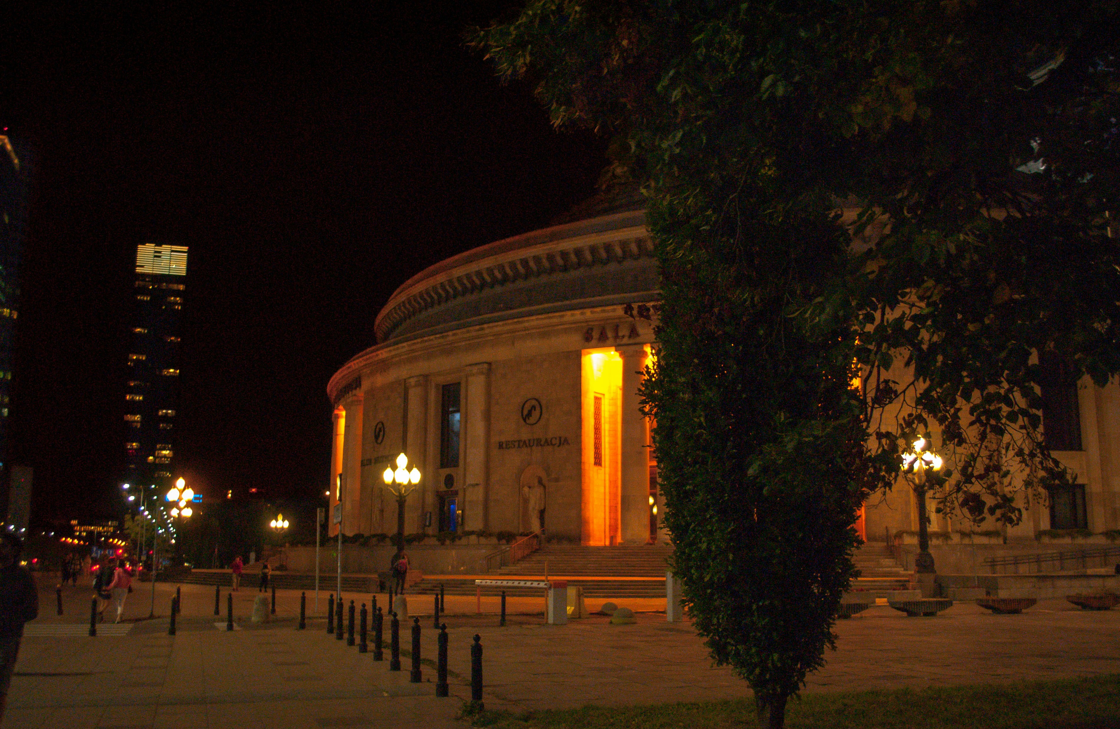 Night-Glow Rotunda: Amber Illumination and Urban Stillness