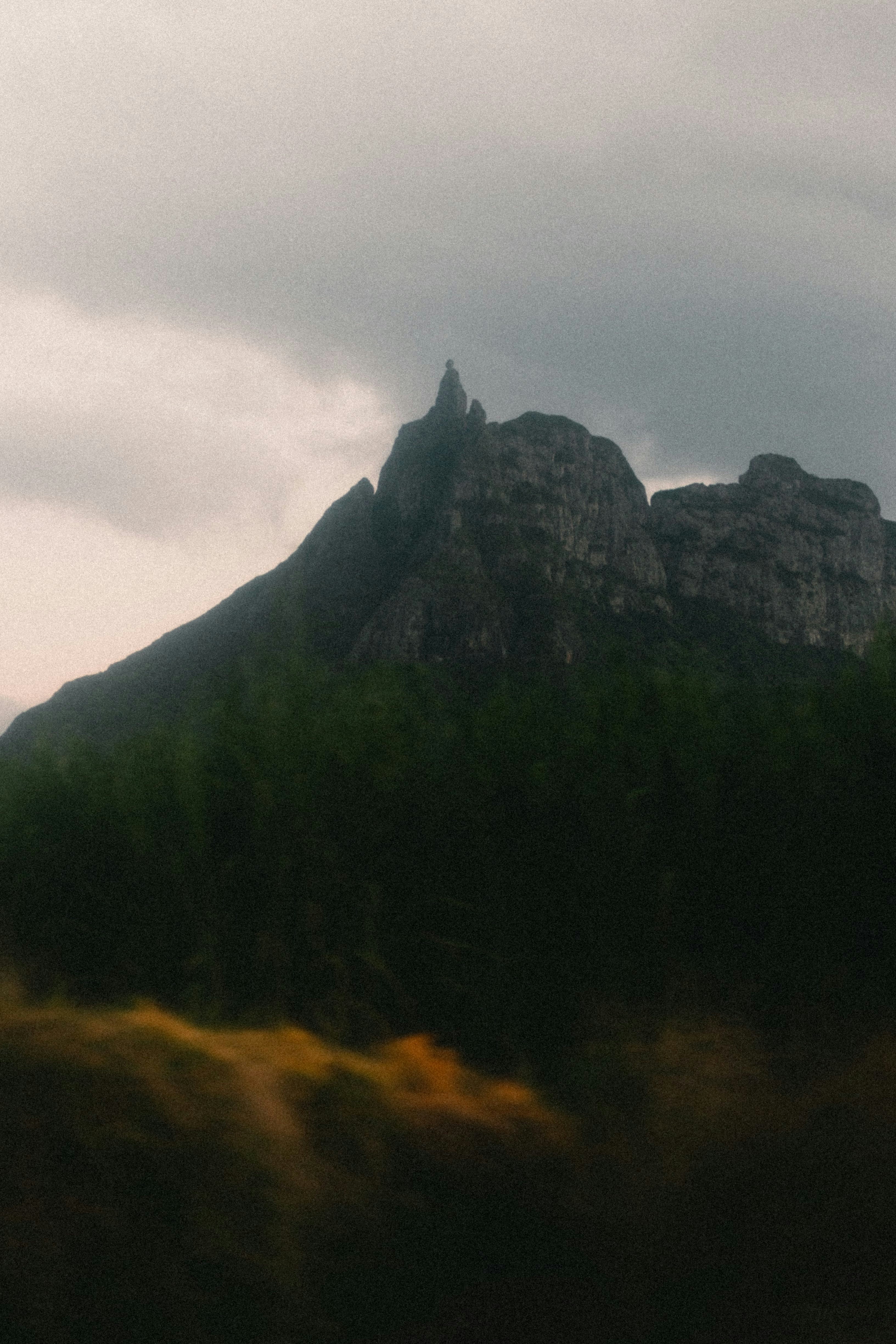 Stone Sentinel Over a Pine-Draped Ridge at Dusk