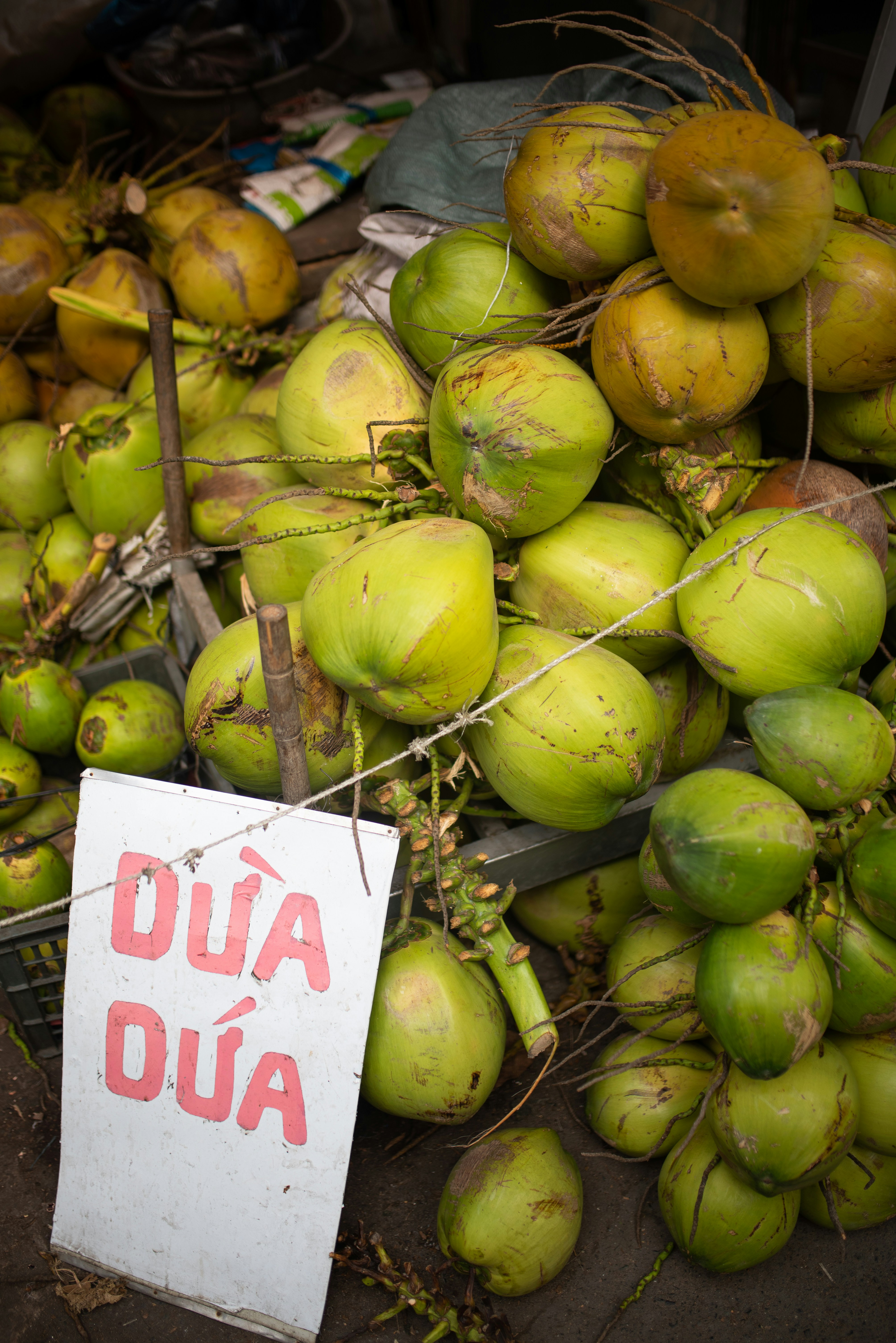 Pile of Green Coconuts and a Sign at a Market Stall