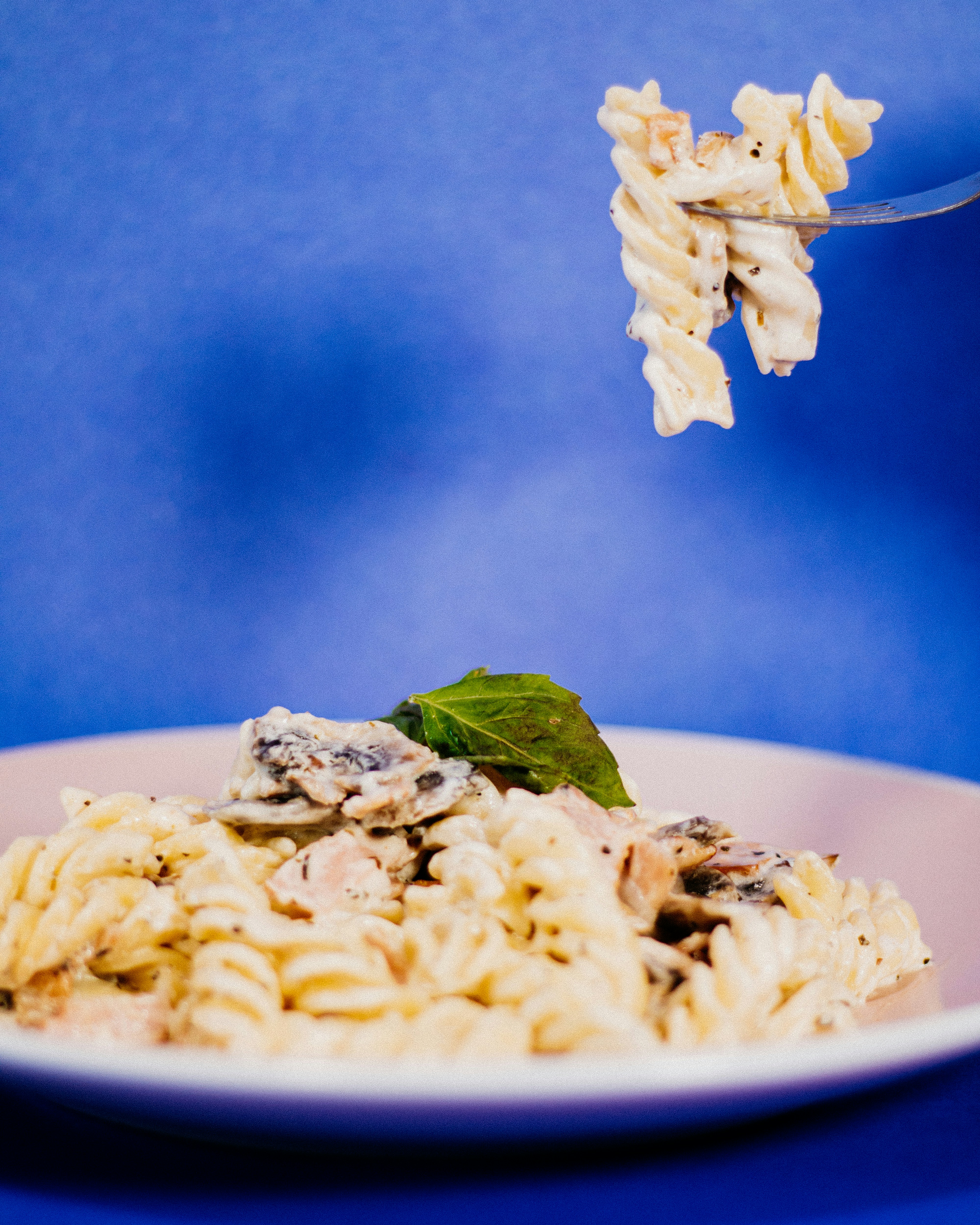 Forkful of Creamy Heaven: Pasta Lift Against a Blue Backdrop