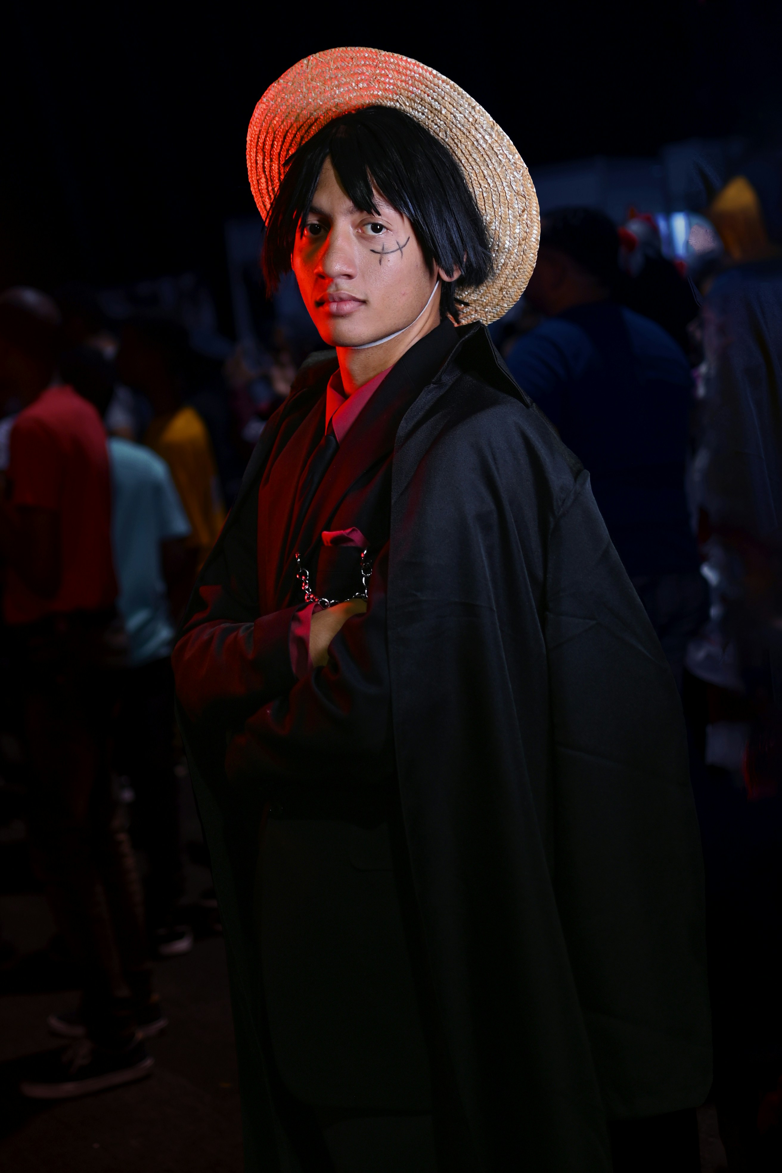 Straw Hat in Neon Veil: A Midnight Cosplay Portrait