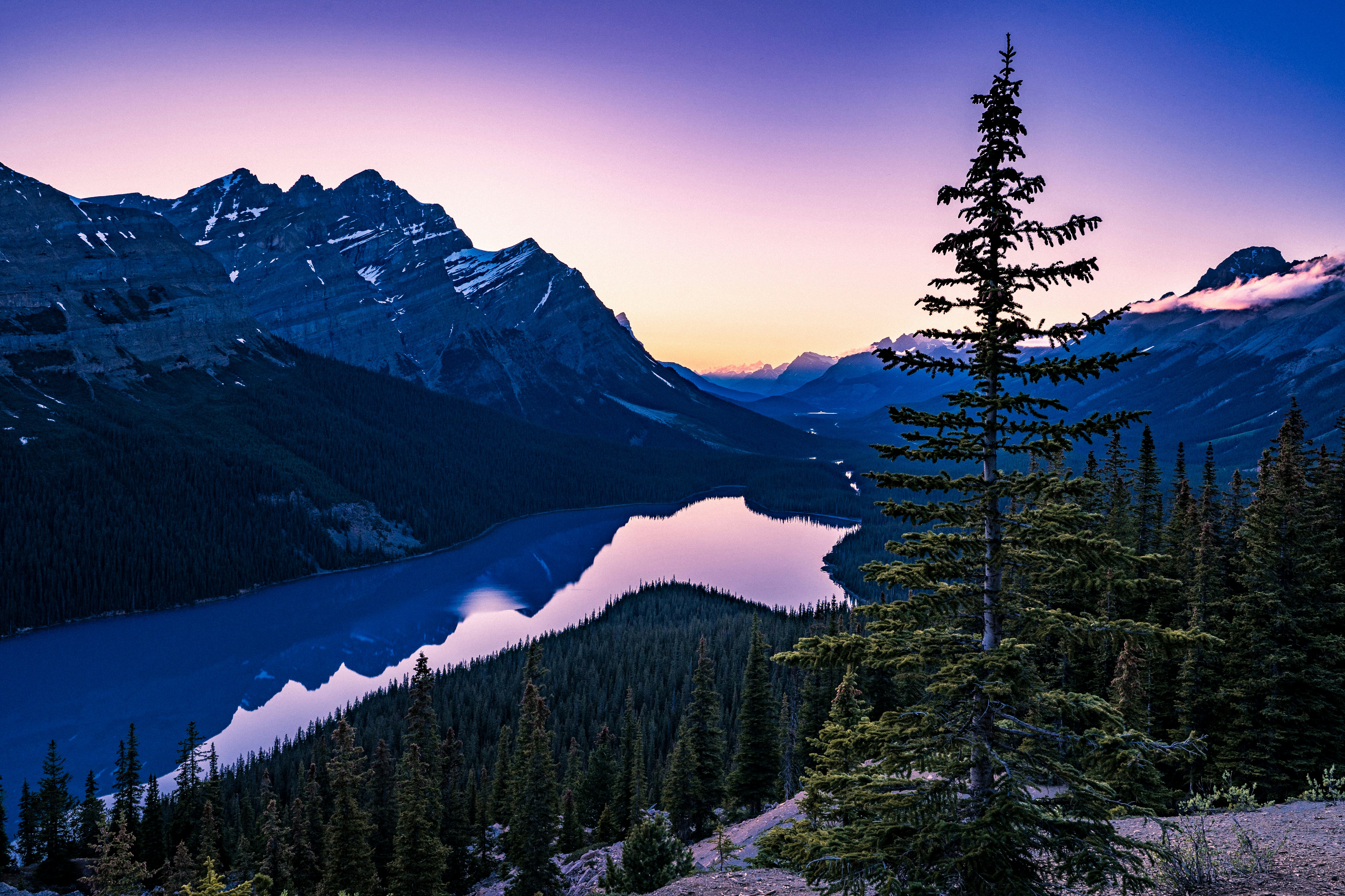 Majestic mountain landscape reflecting in a tranquil lake at dusk, framed by evergreen trees.