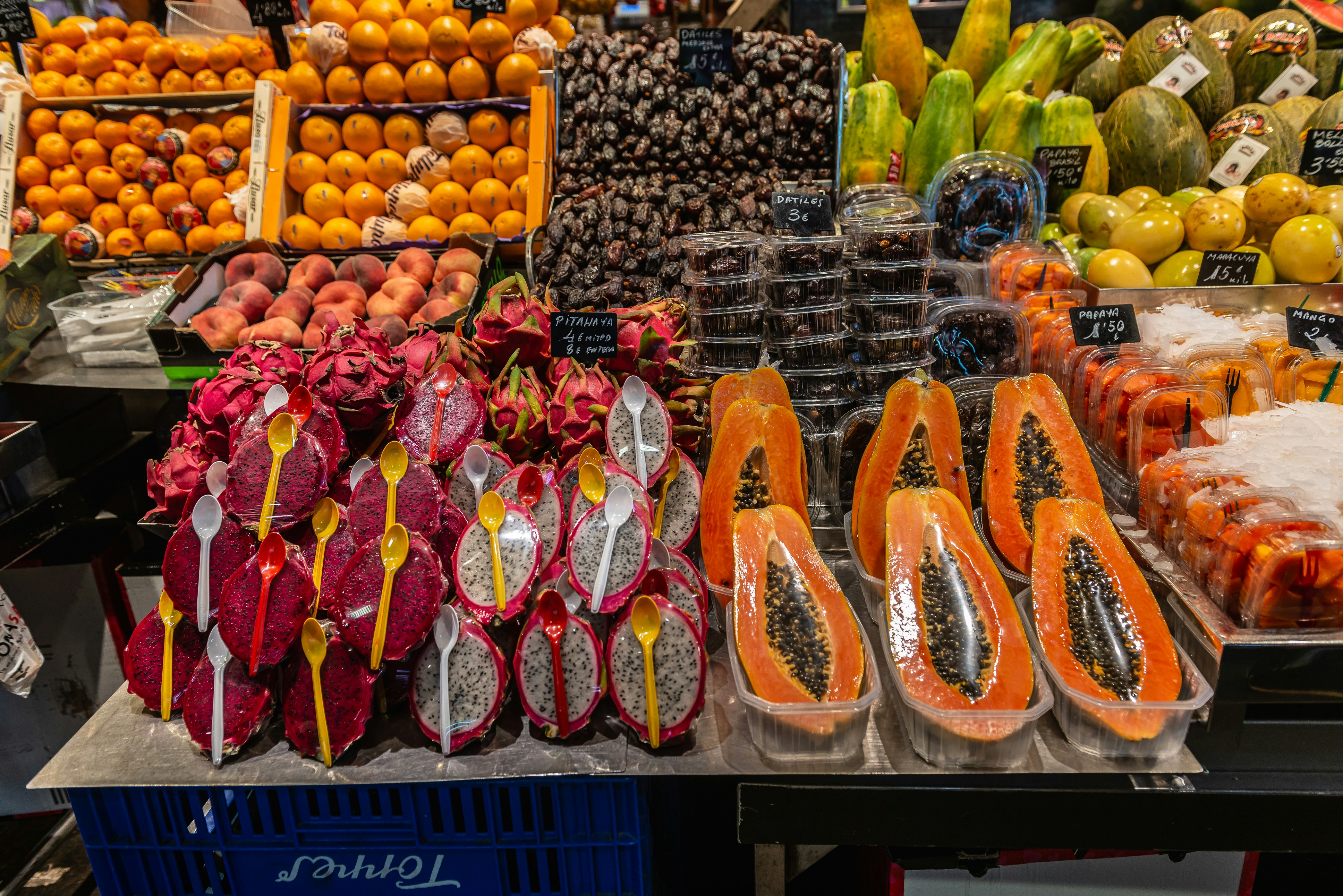 Dragon Fruit and Papaya Oasis at a Vibrant Market Stall