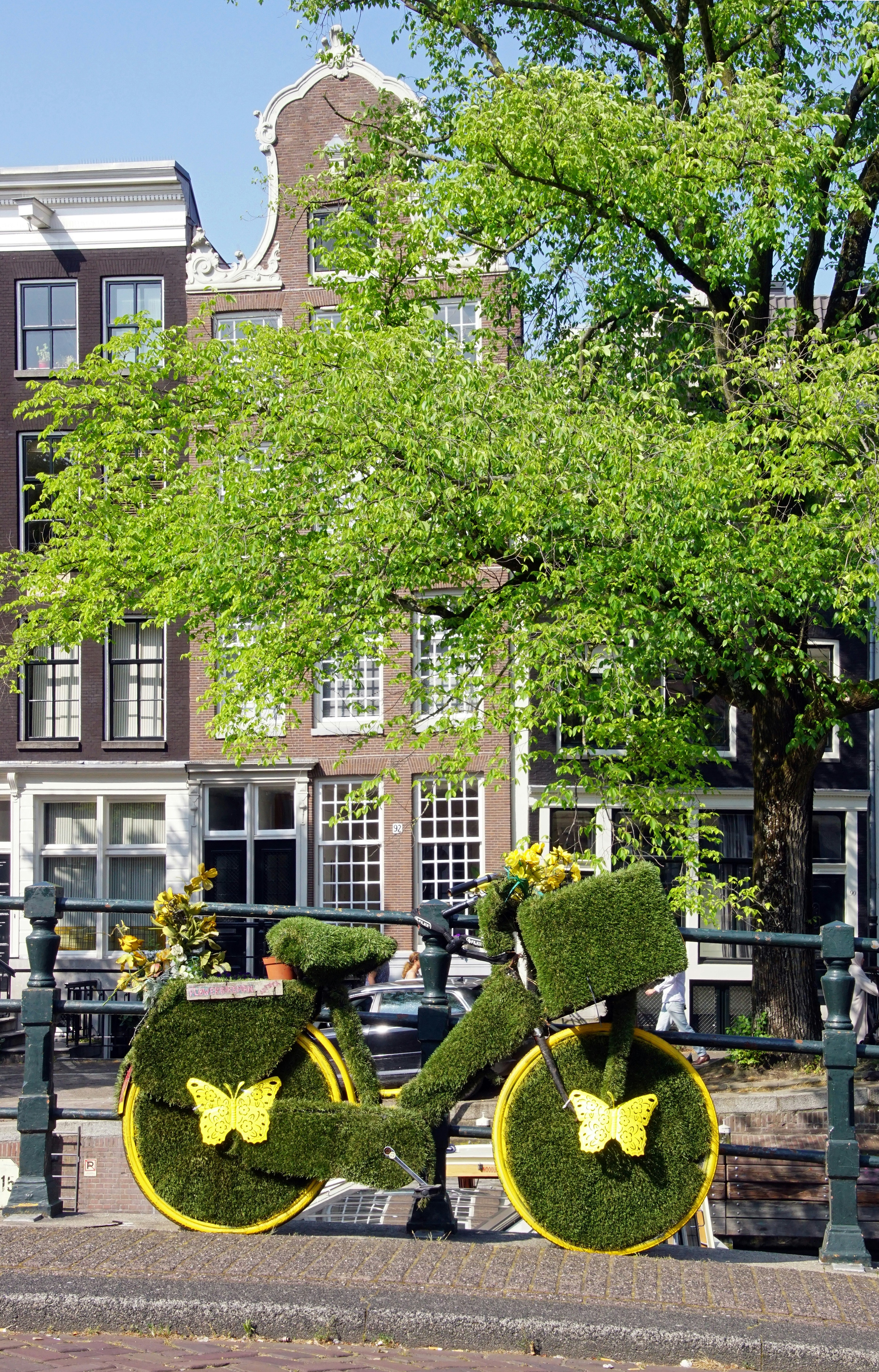 Verdant Commuter: Grass-Covered Bicycle with Butterflies in an Urban Canal Scene