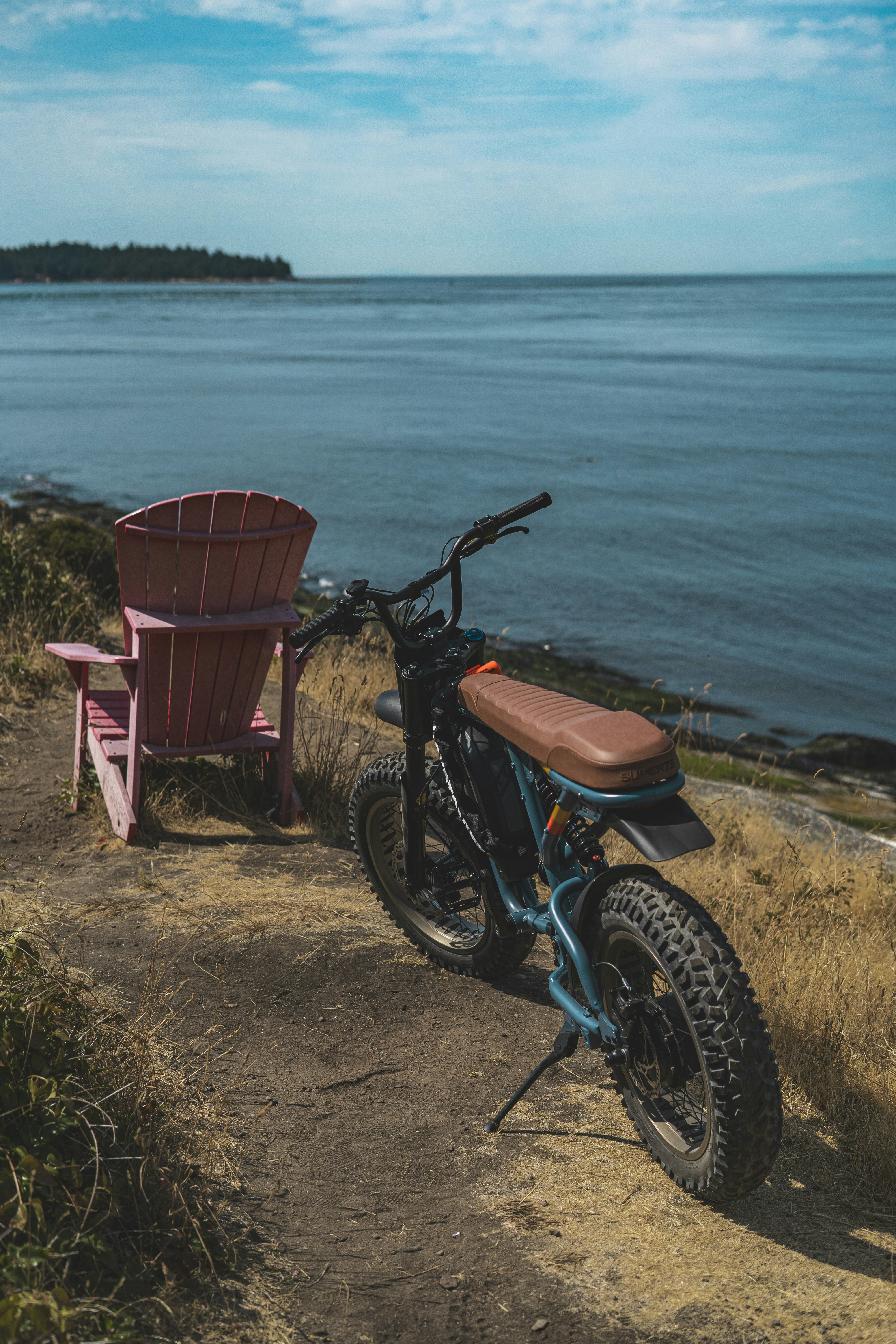 Sunlit Coast Ride: A Pink Chair and a Brown-Saddled Bike by Quiet Waters