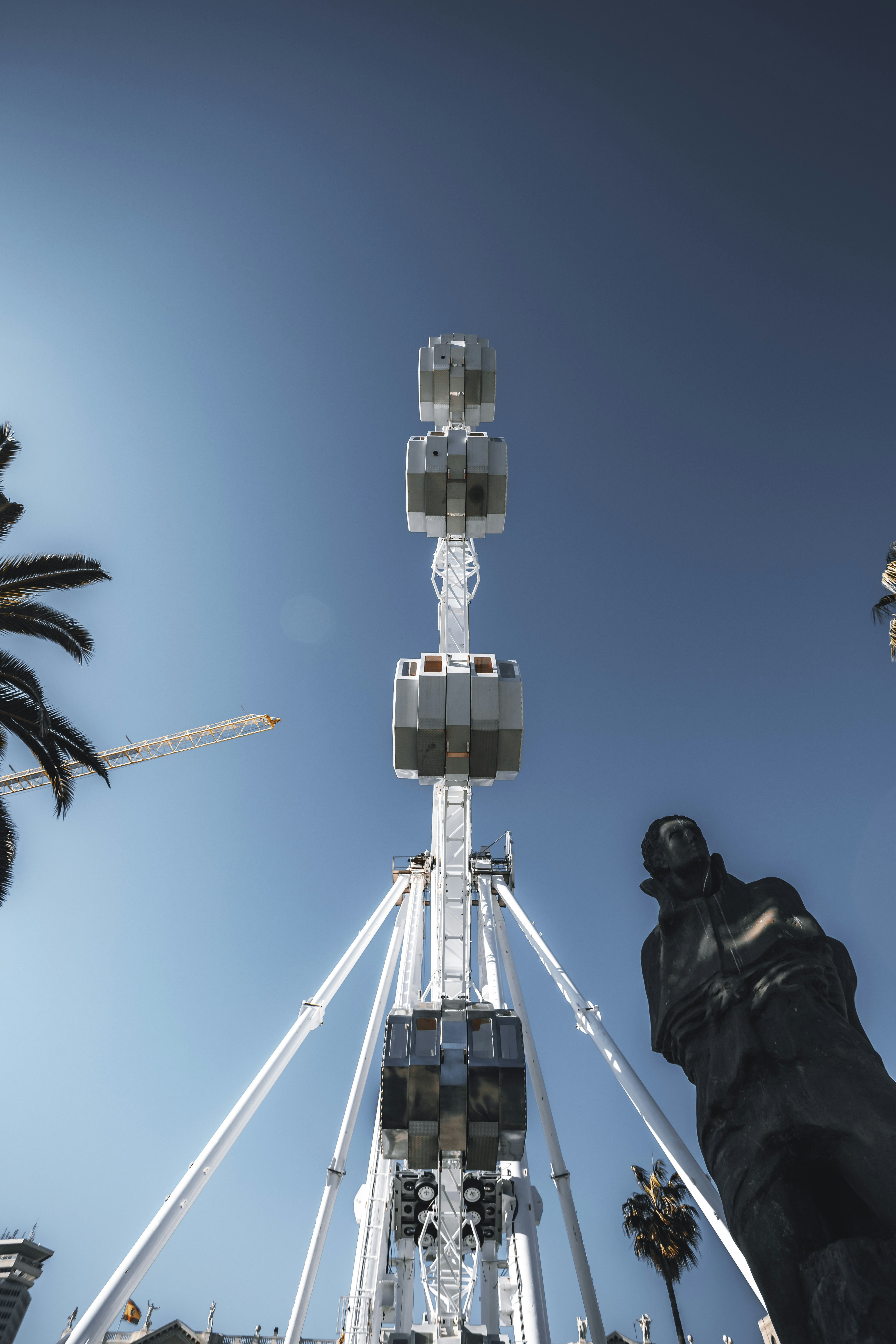 Skyward Ferris Wheel: A Steel Spine Framed by Palms and a Silent Monument