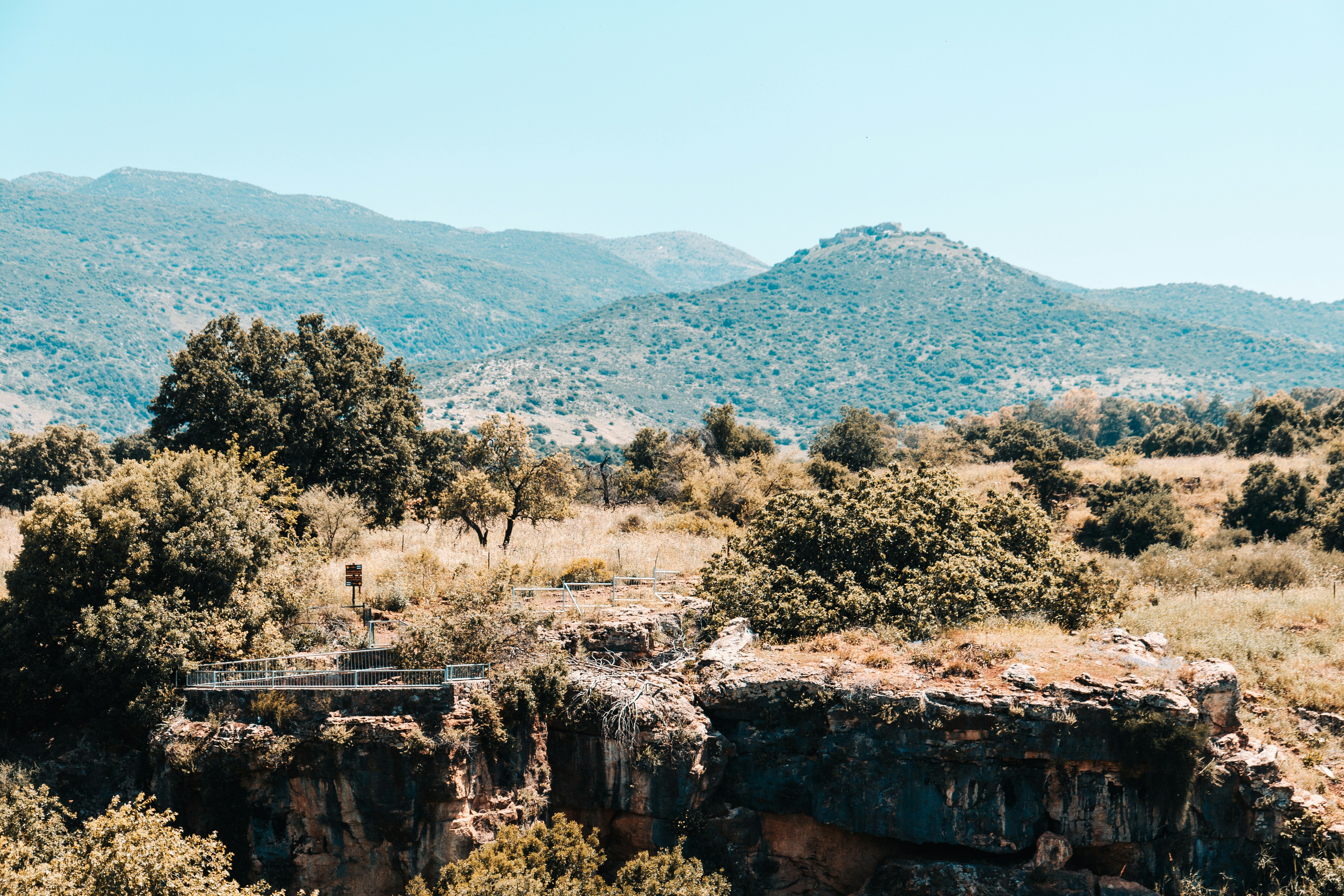 A rocky outcropping with trees and mountains in the background photo ...