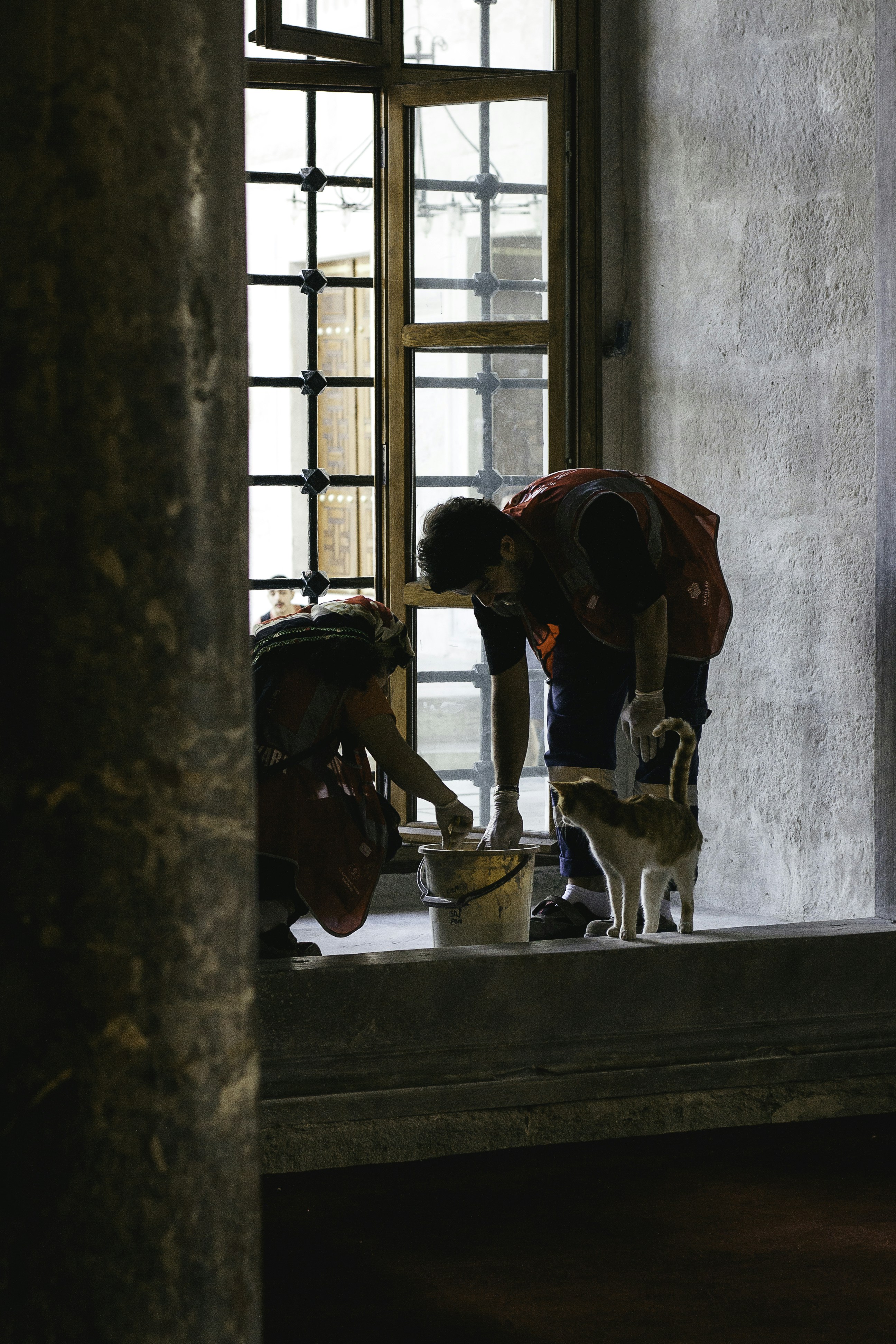 Hands in Focus: Helpers and a Dog in a Workshop Nook