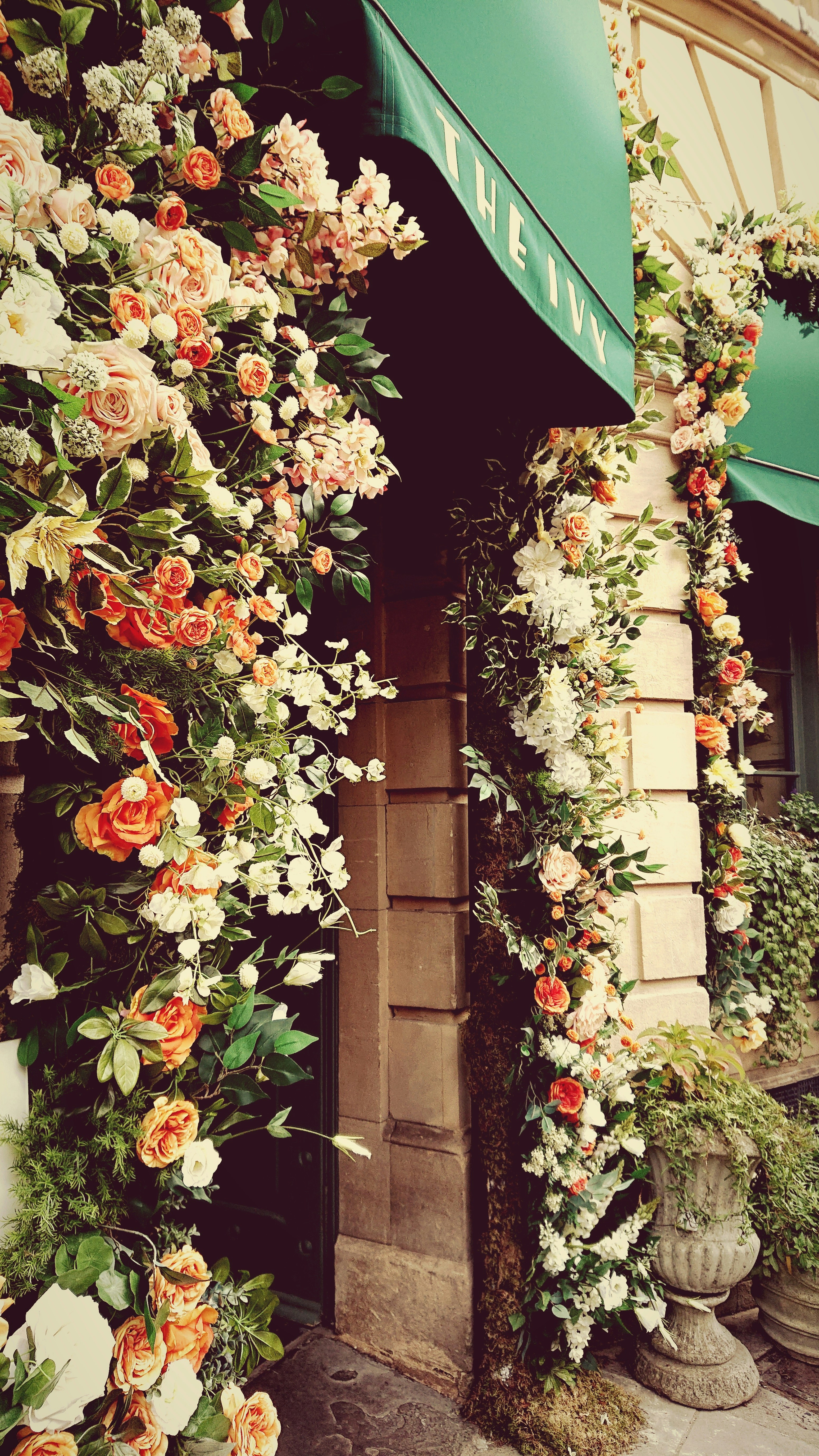 Storefront entrance wrapped in a lush floral arch beneath a green awning, with roses and ivy framing a stone doorway.