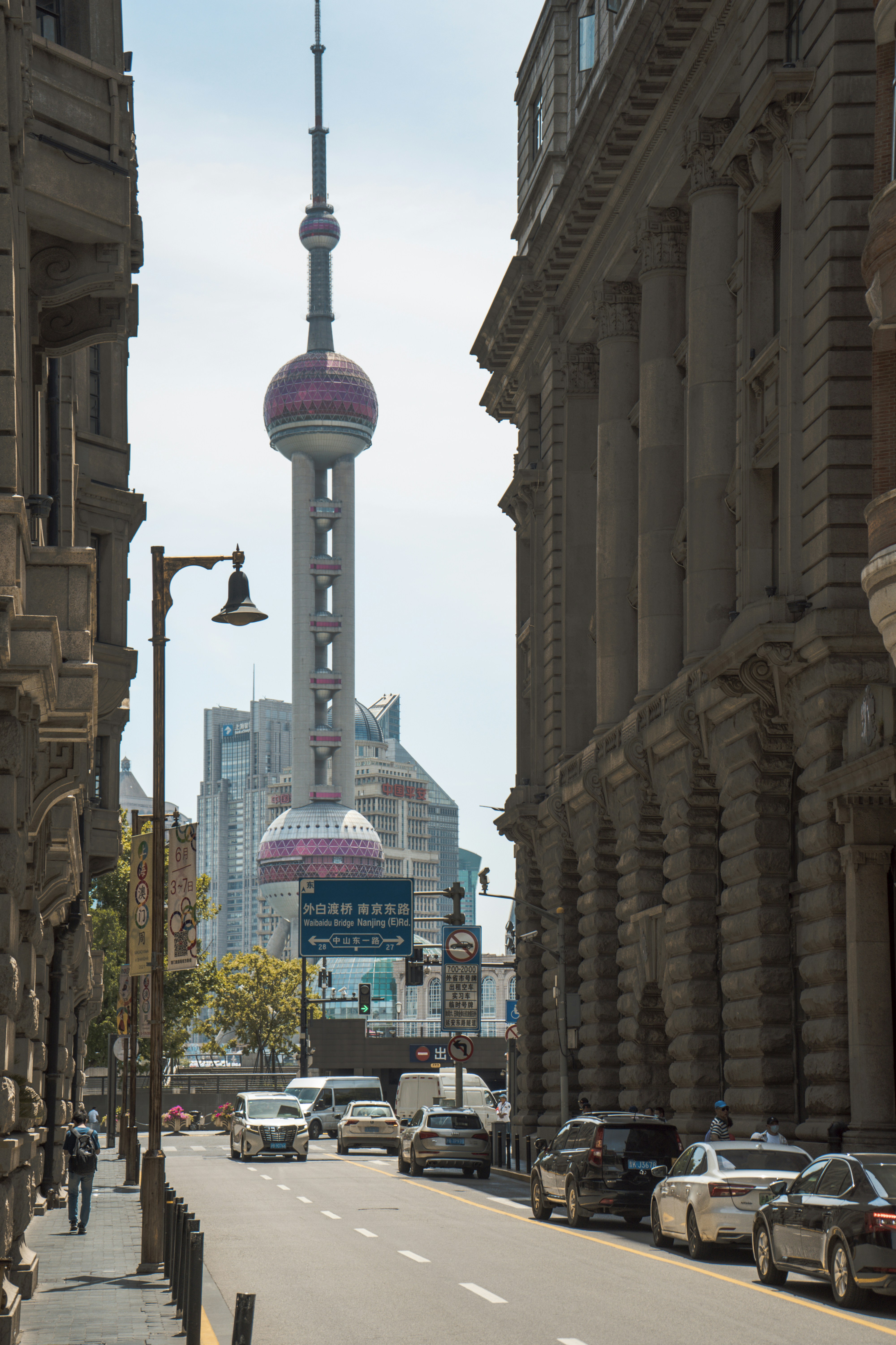 Between Historic Facades, the Pearl Tower Rises