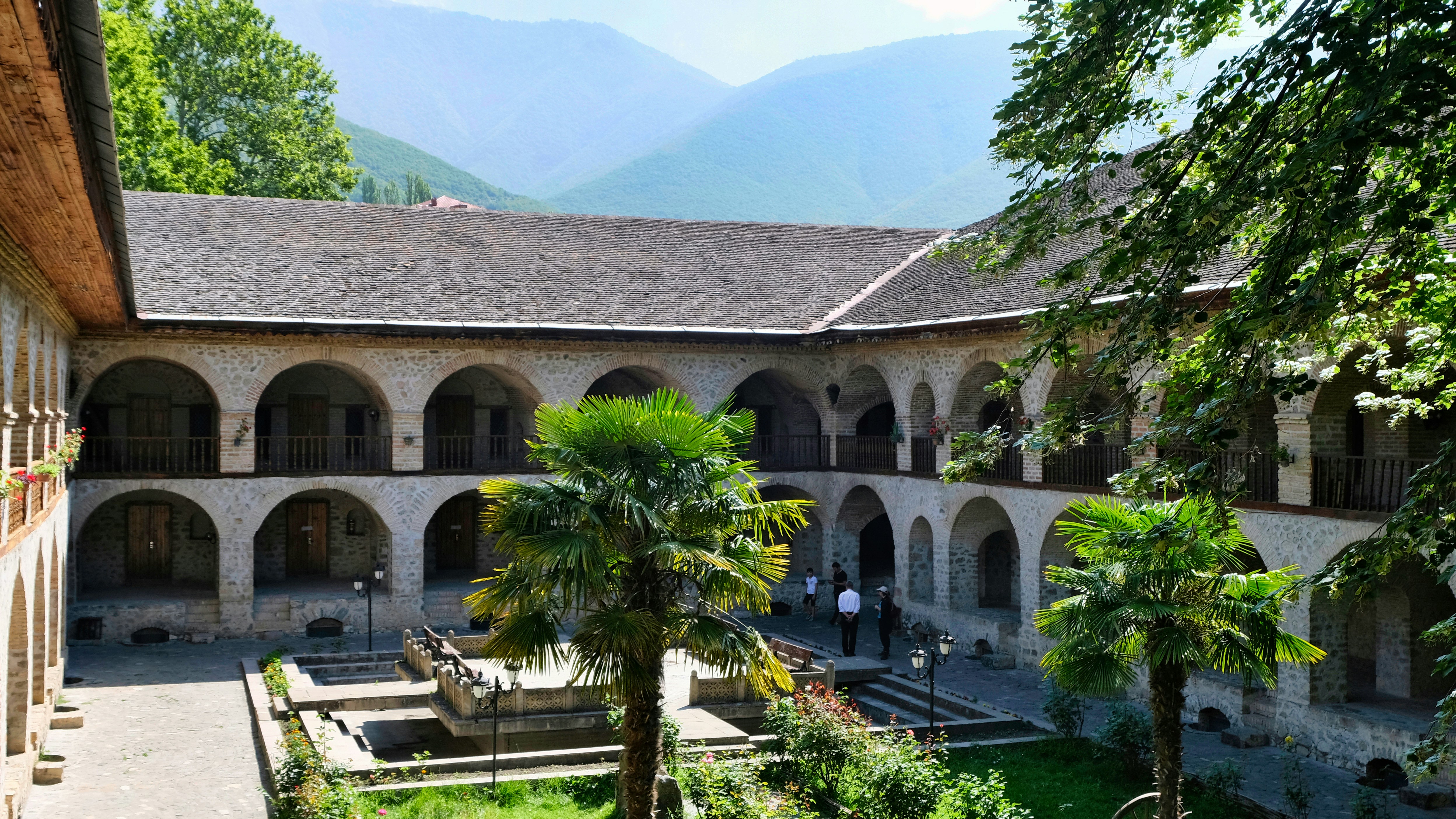 Cloister Palm Amid Arches: Courtyard Quiet with Mountain Backdrop