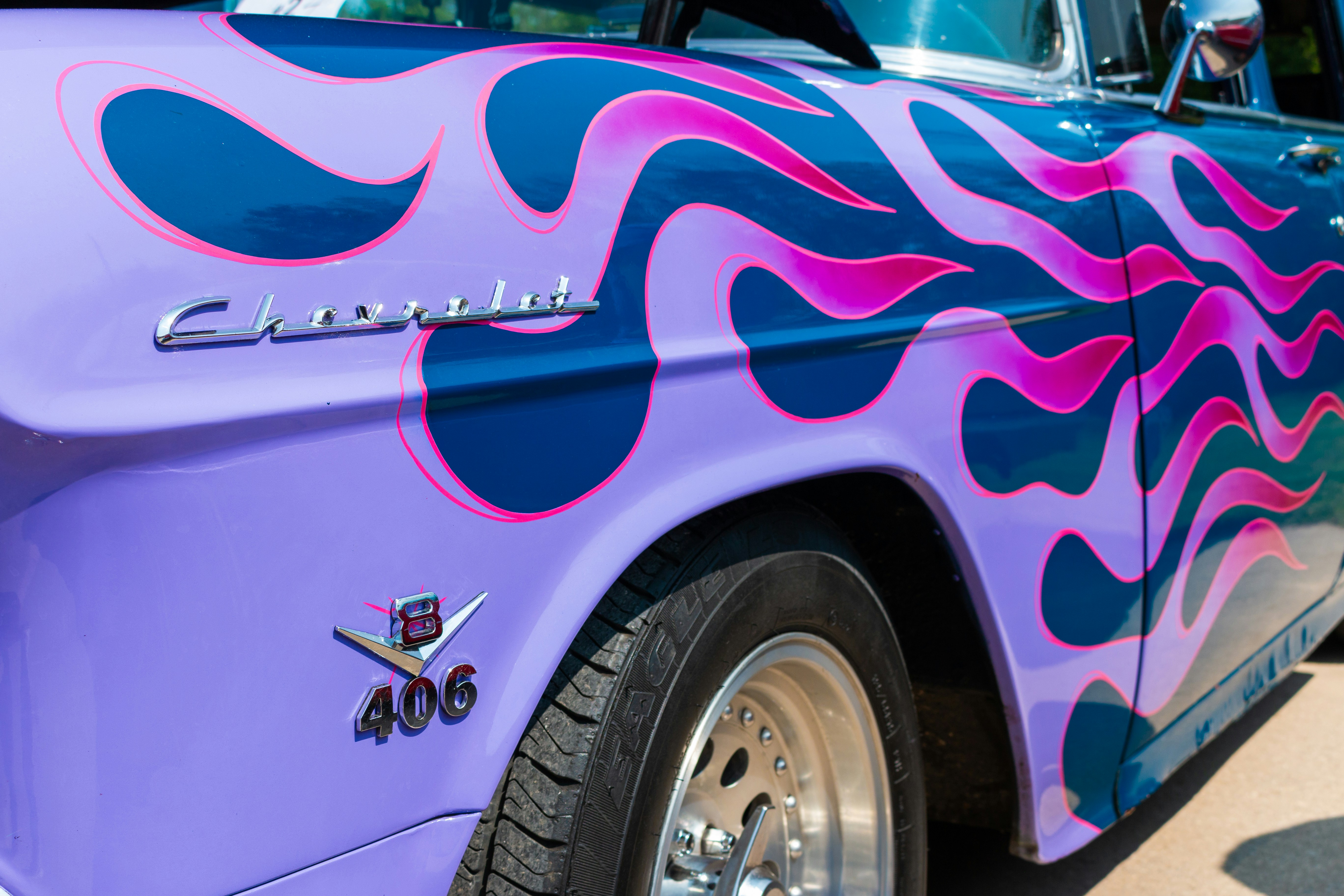 Lavender Flame Coupe: Neon Blue-Pink Fire on a Custom Chevrolet