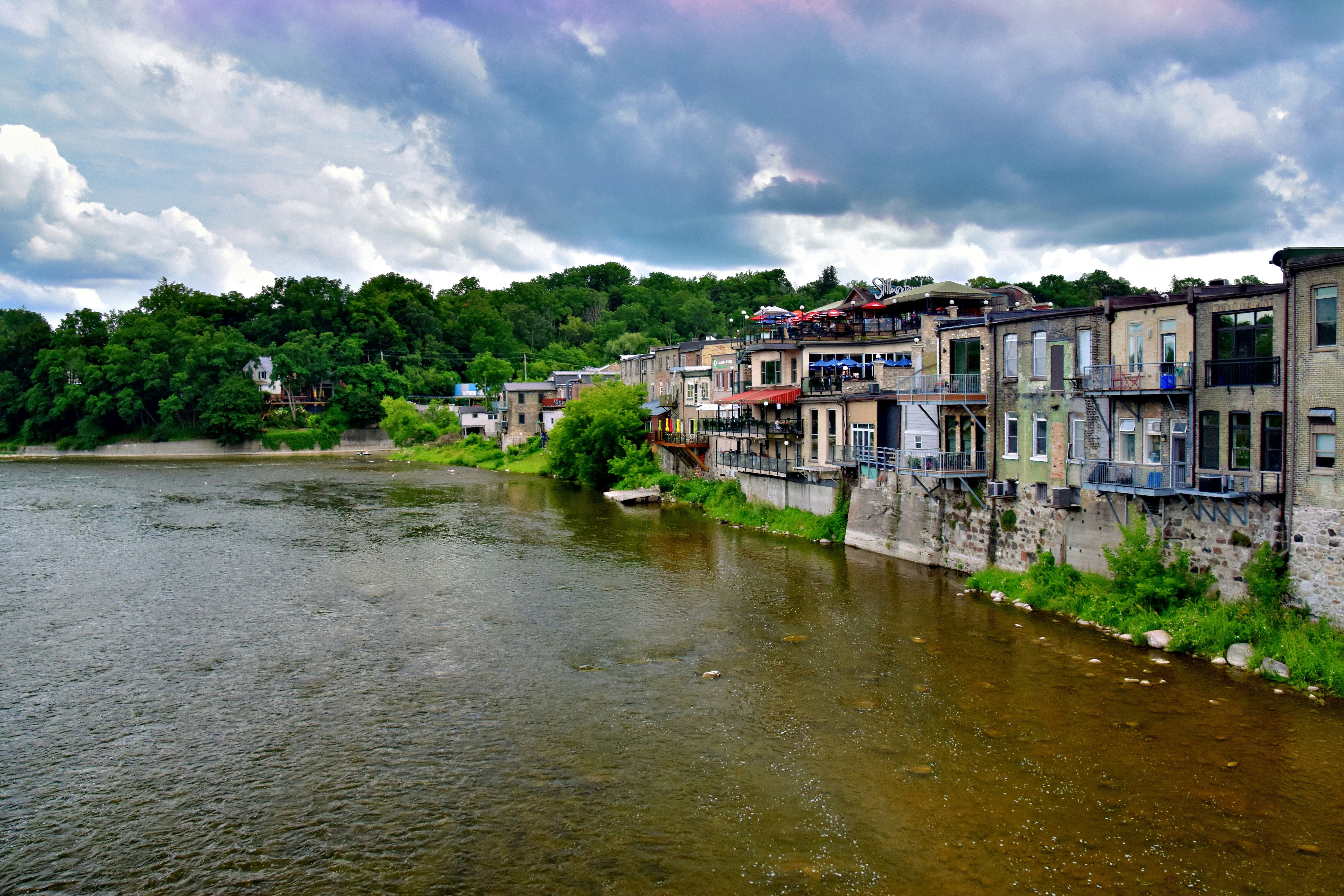 A river running through a city next to a lush green forest photo – Free ...