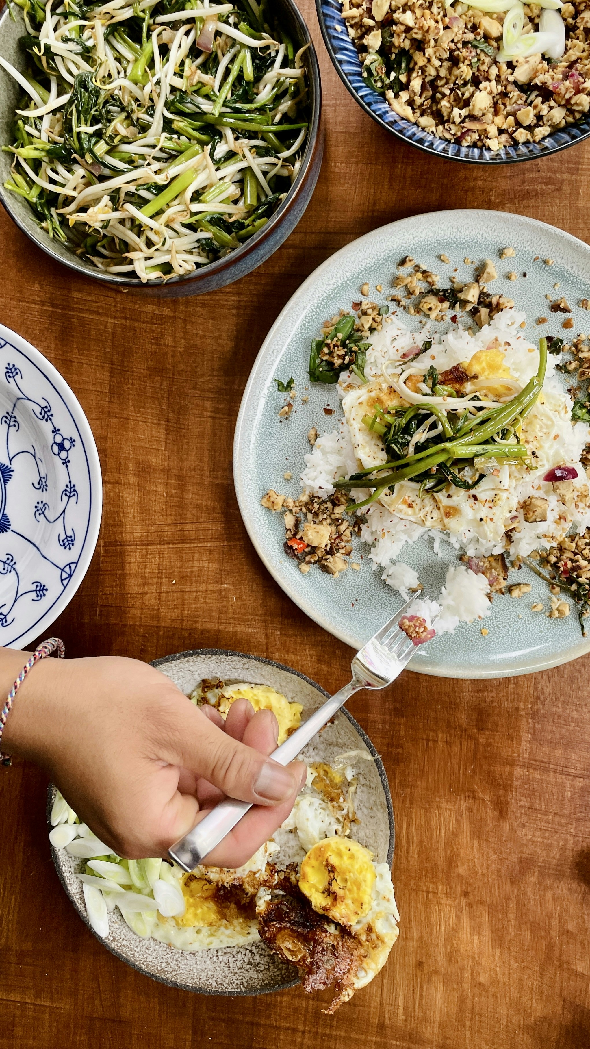 Sunlit Table Harmony: Crispy Toppings Crown a Greens-Accented Rice Plate