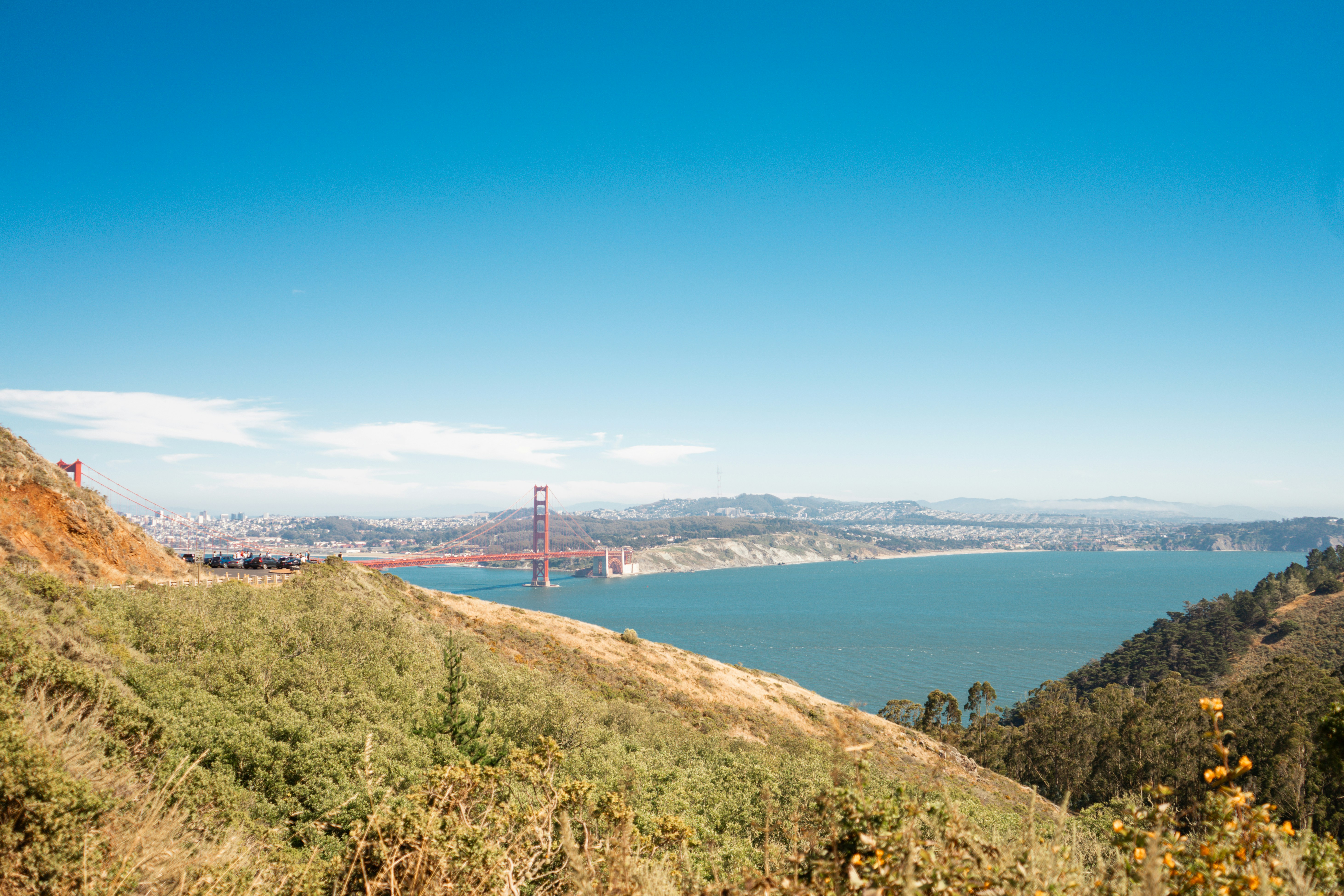 Golden Gate Vista: Hills, Water, and the Iconic Bridge in the Distance