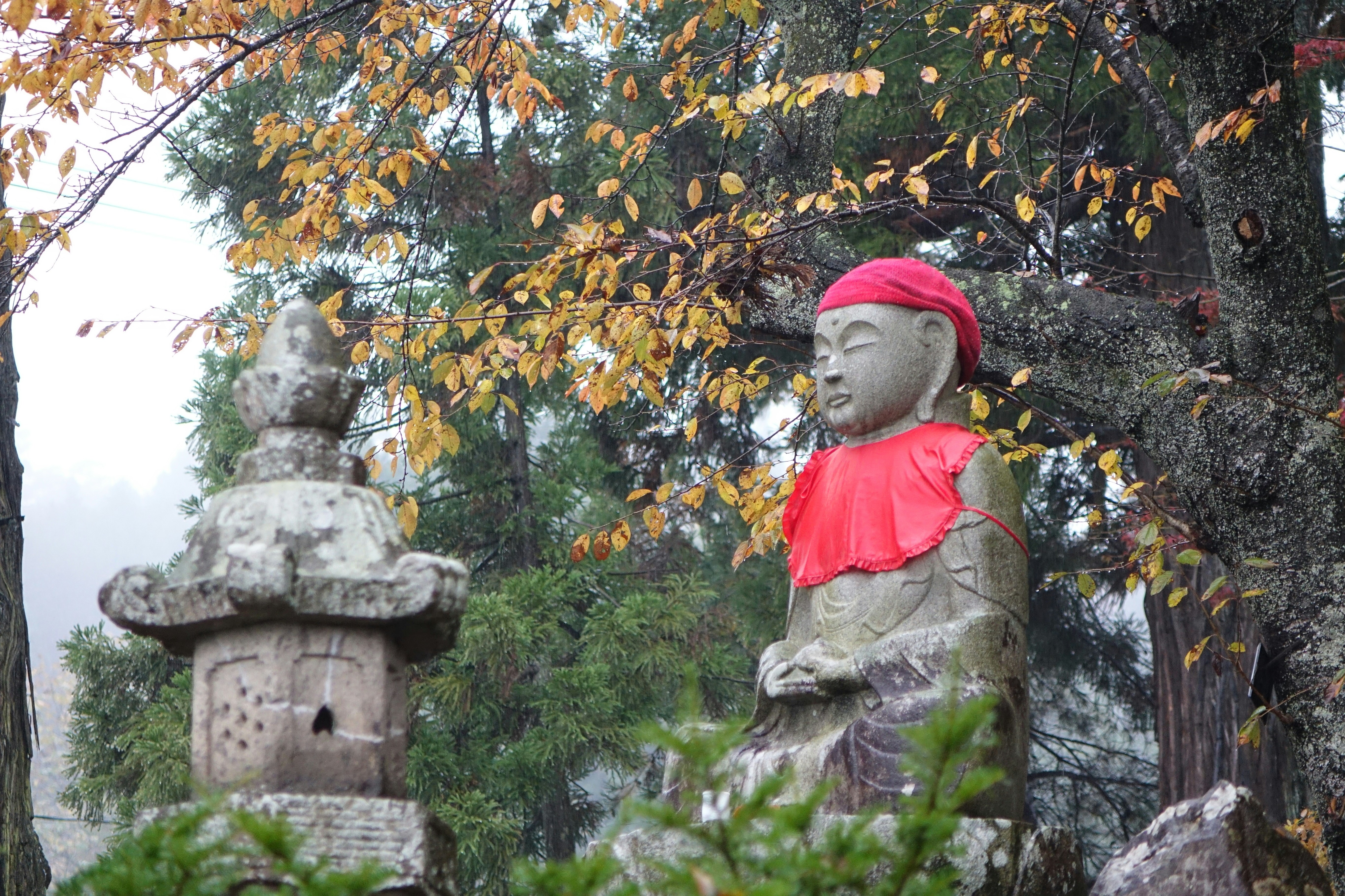 Stone Buddha statue wearing a red scarf sits beside a moss-covered lantern among autumn leaves.