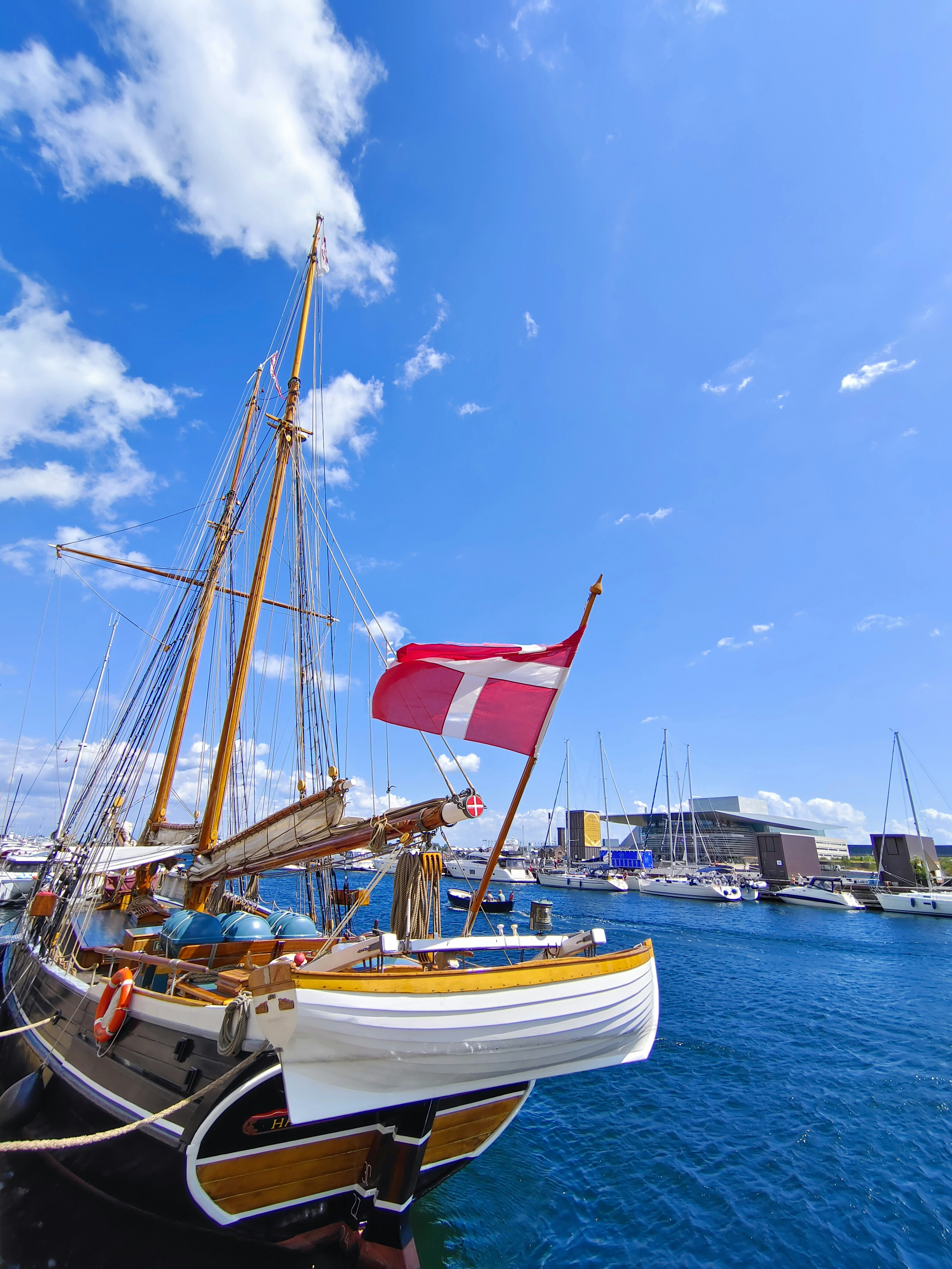 Danish Flag Adorns a Timber Schooner at a Sunlit Marina
