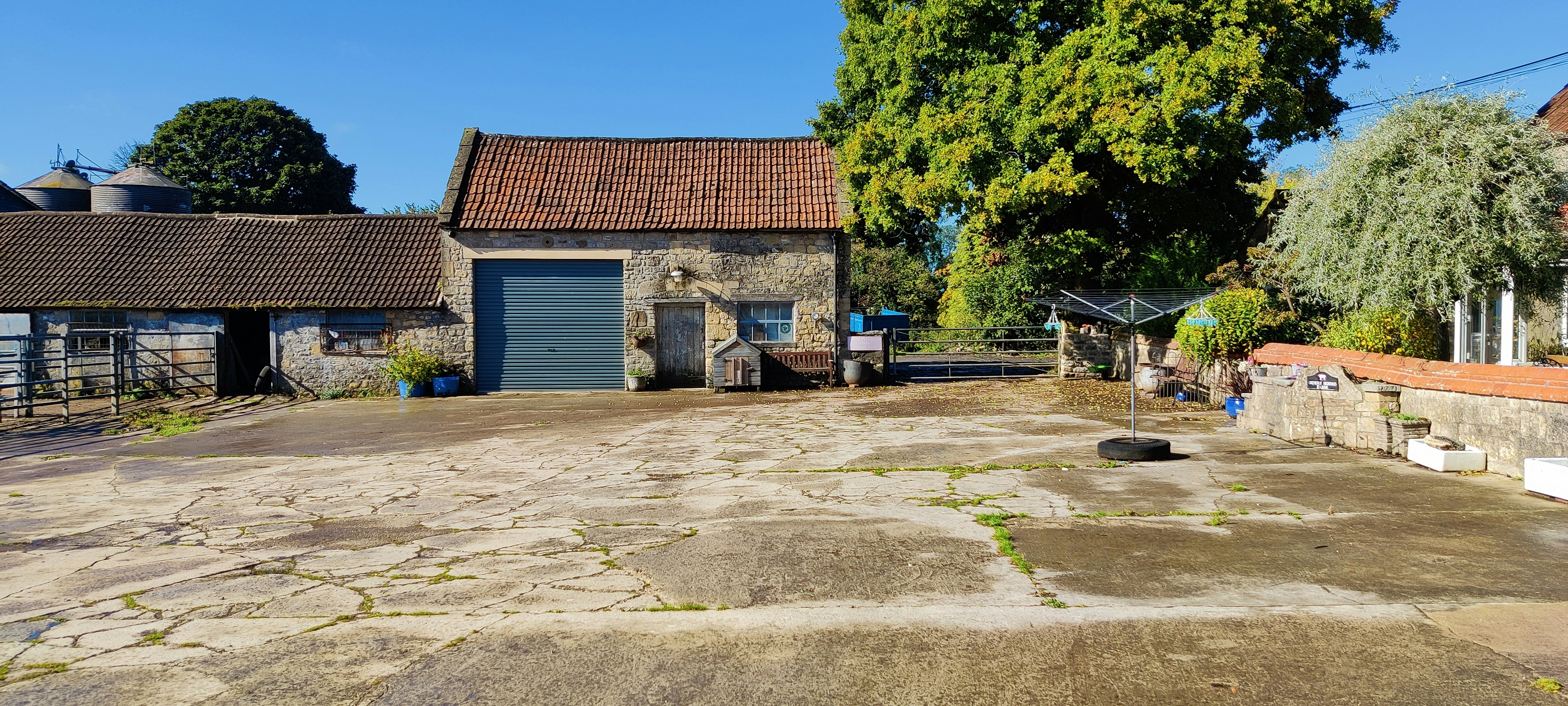 An empty yard with a garage and a tree photo – Free On the farm Image ...