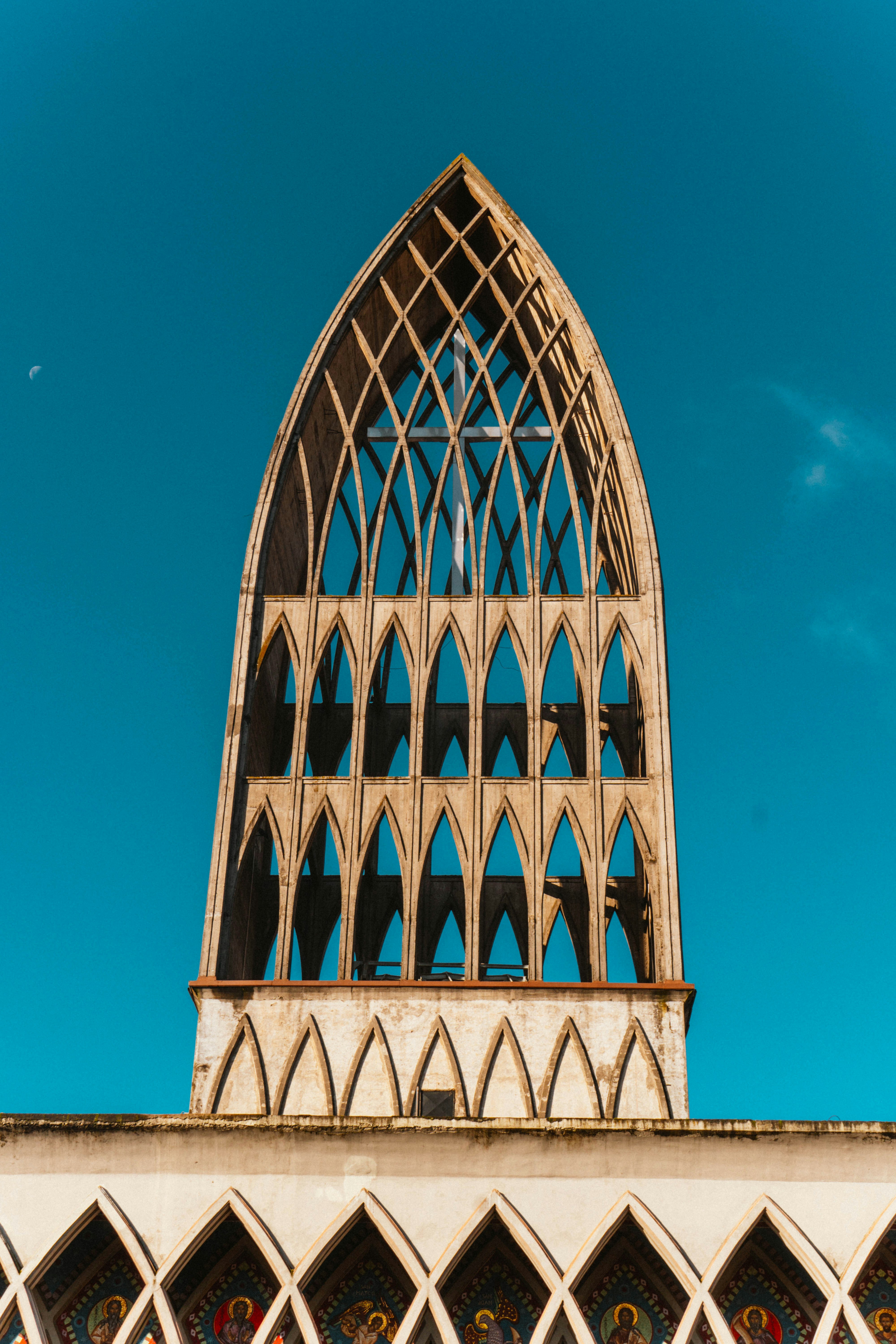 Azure Spire: Gothic Lattice Tower Under a Pristine Sky
