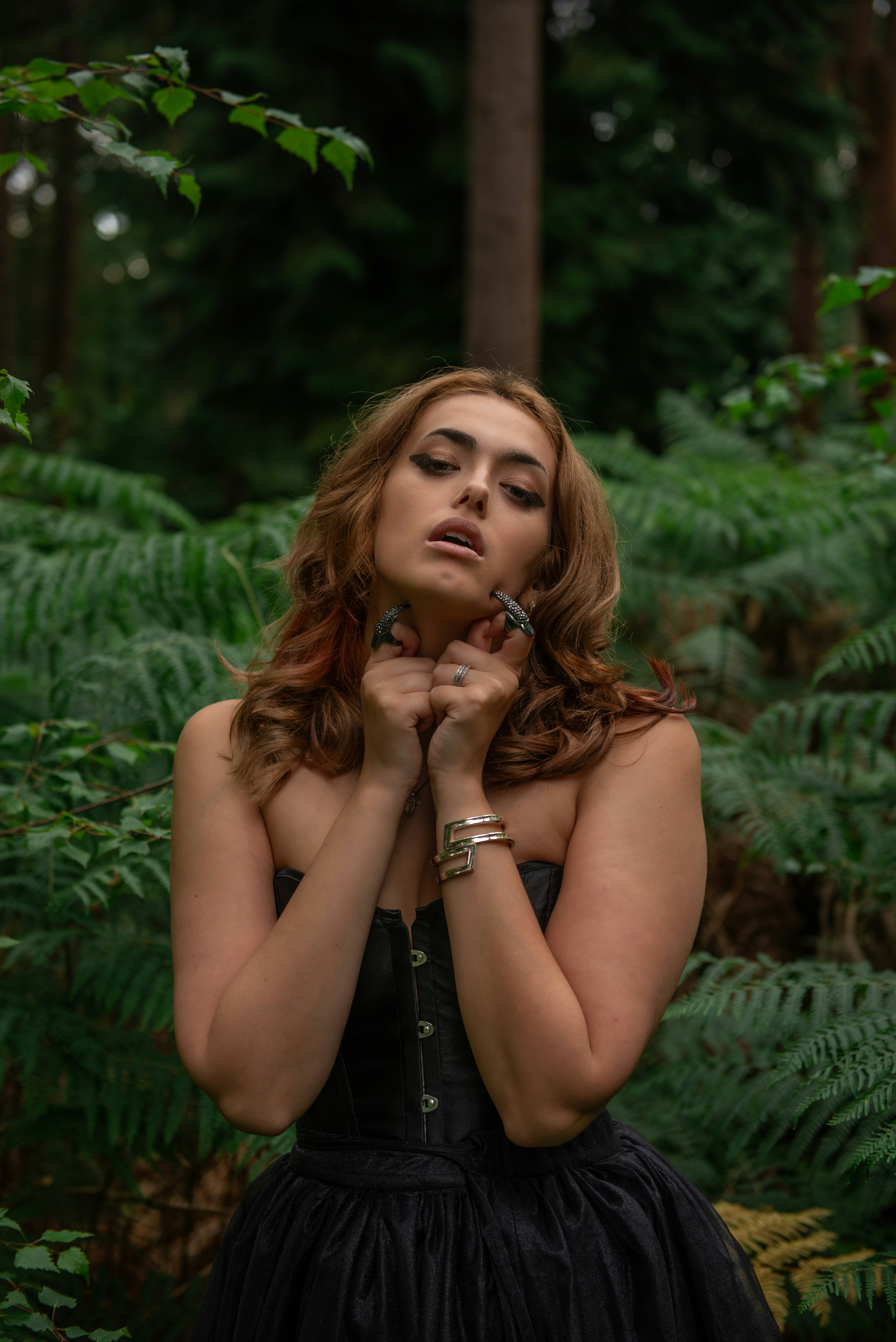 Fern Cathedral Portrait: Velvet Black Dress in Enchanted Green
