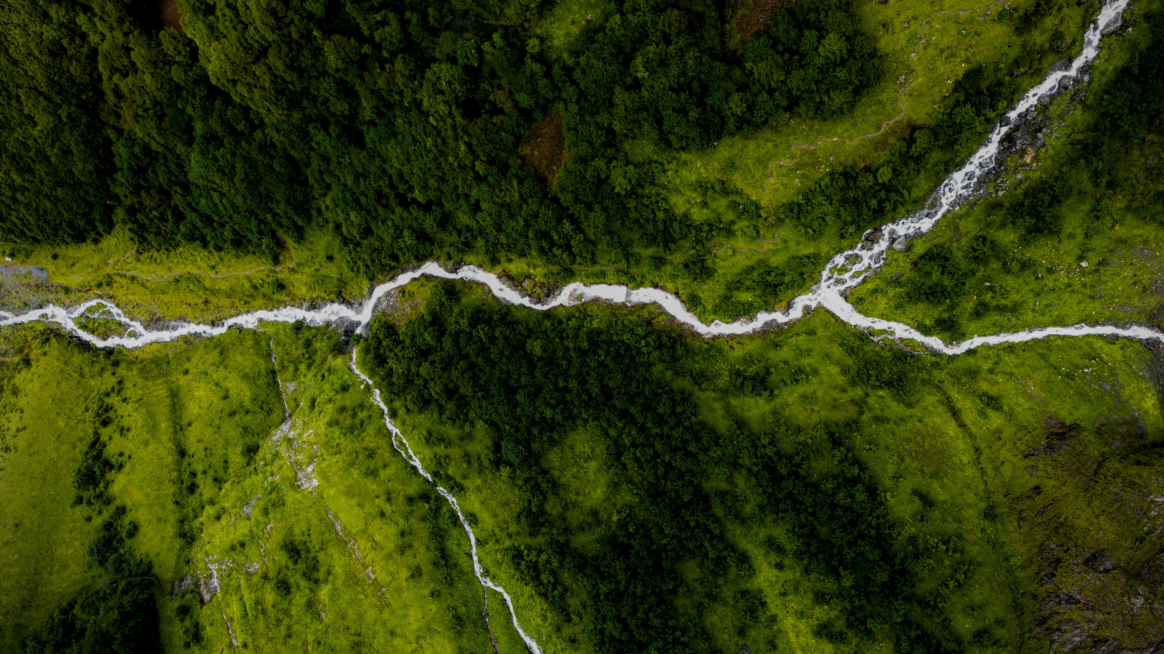 This mesmerizing aerial photograph captures a winding stream cutting through a lush, verdant landscape, creating striking natural patterns. The vivid greens of the forest contrast beautifully with the bright white water, enhanced by the soft, diffused lighting that adds a serene atmosphere. The image is an intricate display of nature’s artistry, showcasing the dynamic interplay of land and water from an elevated perspective.