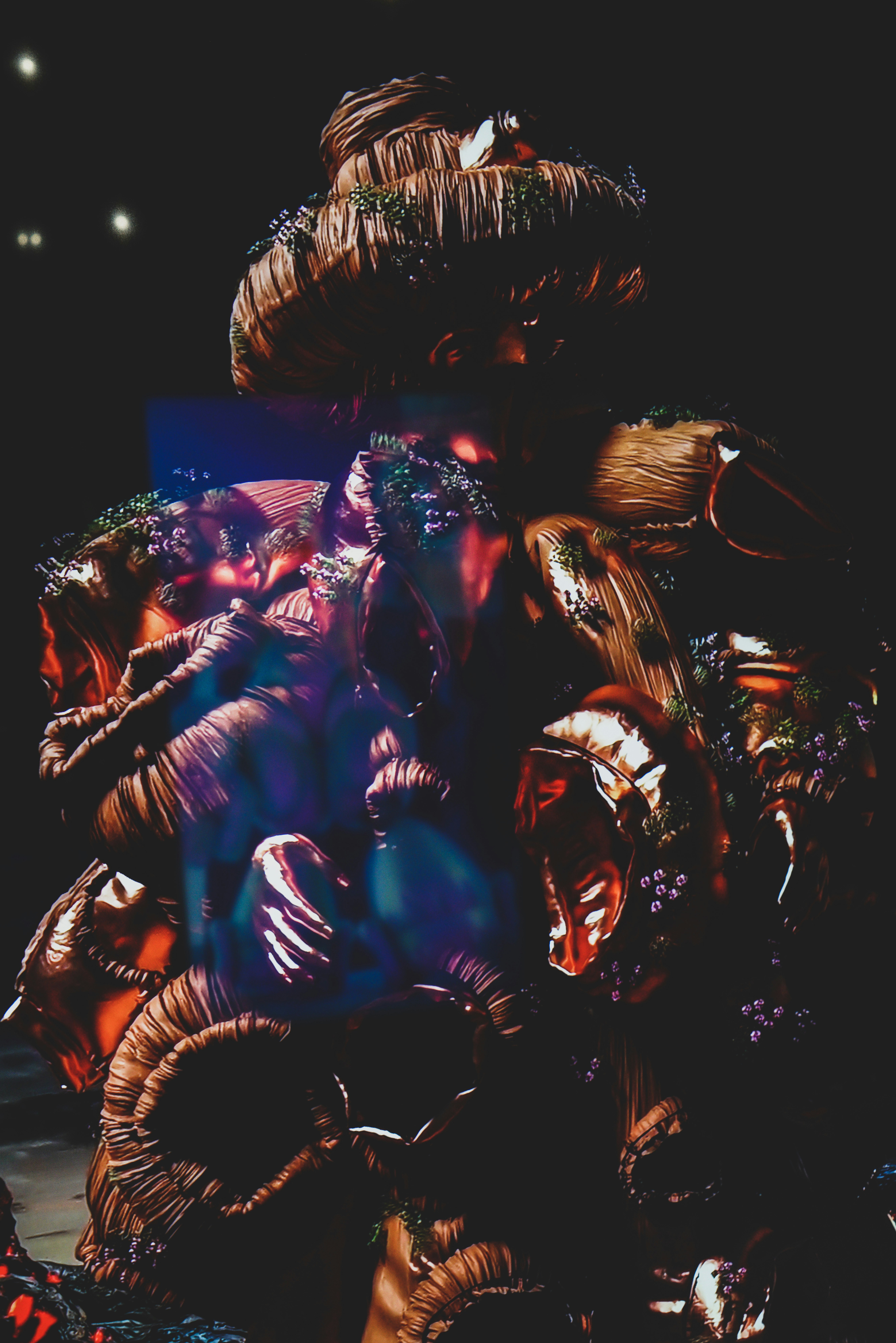 Nocturnal Tresses Adorned with Blossoms: A Velvet Portrait in Neon Haze