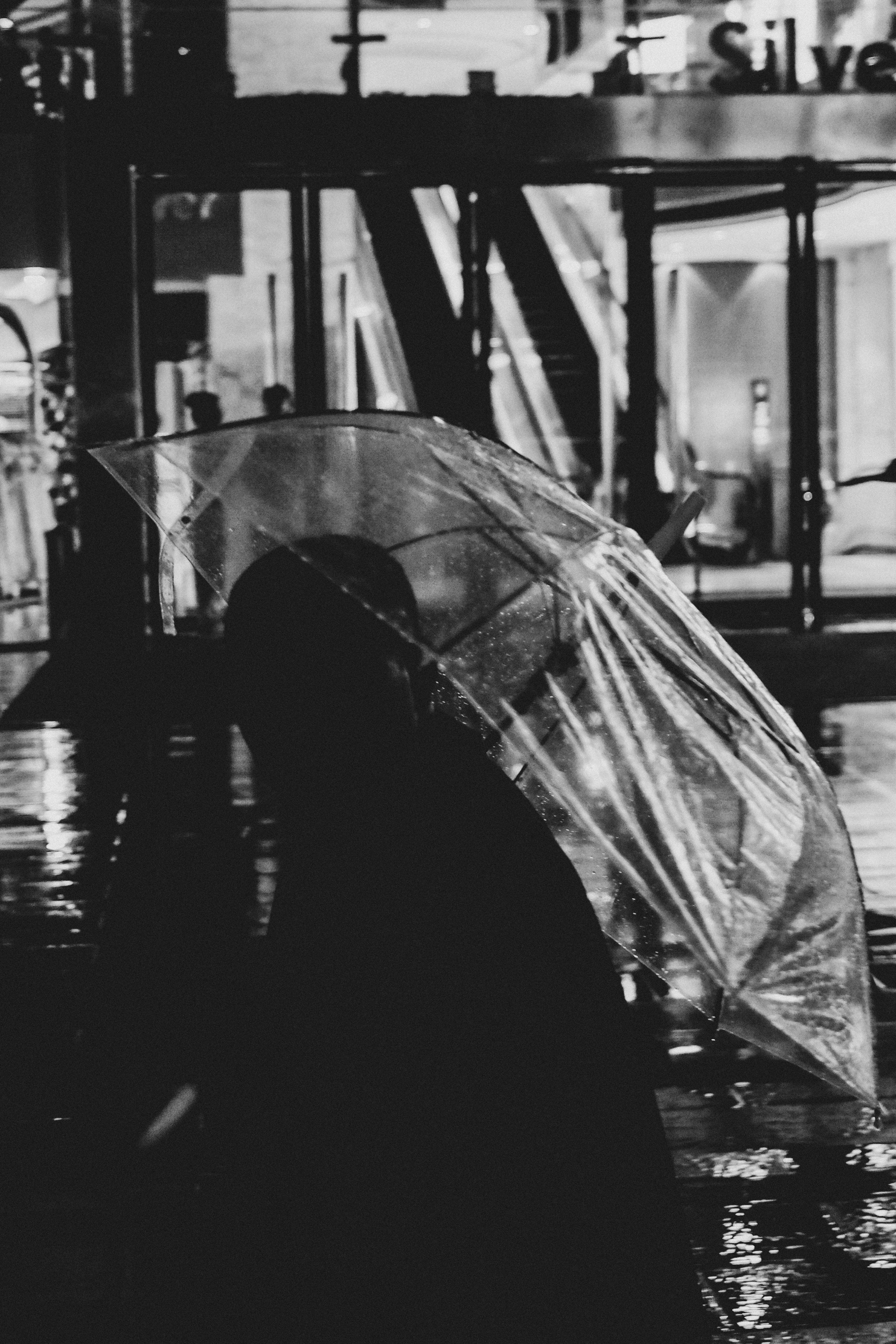 Umbrella in Urban Rain: Silent Portrait under Glassy Streetlights