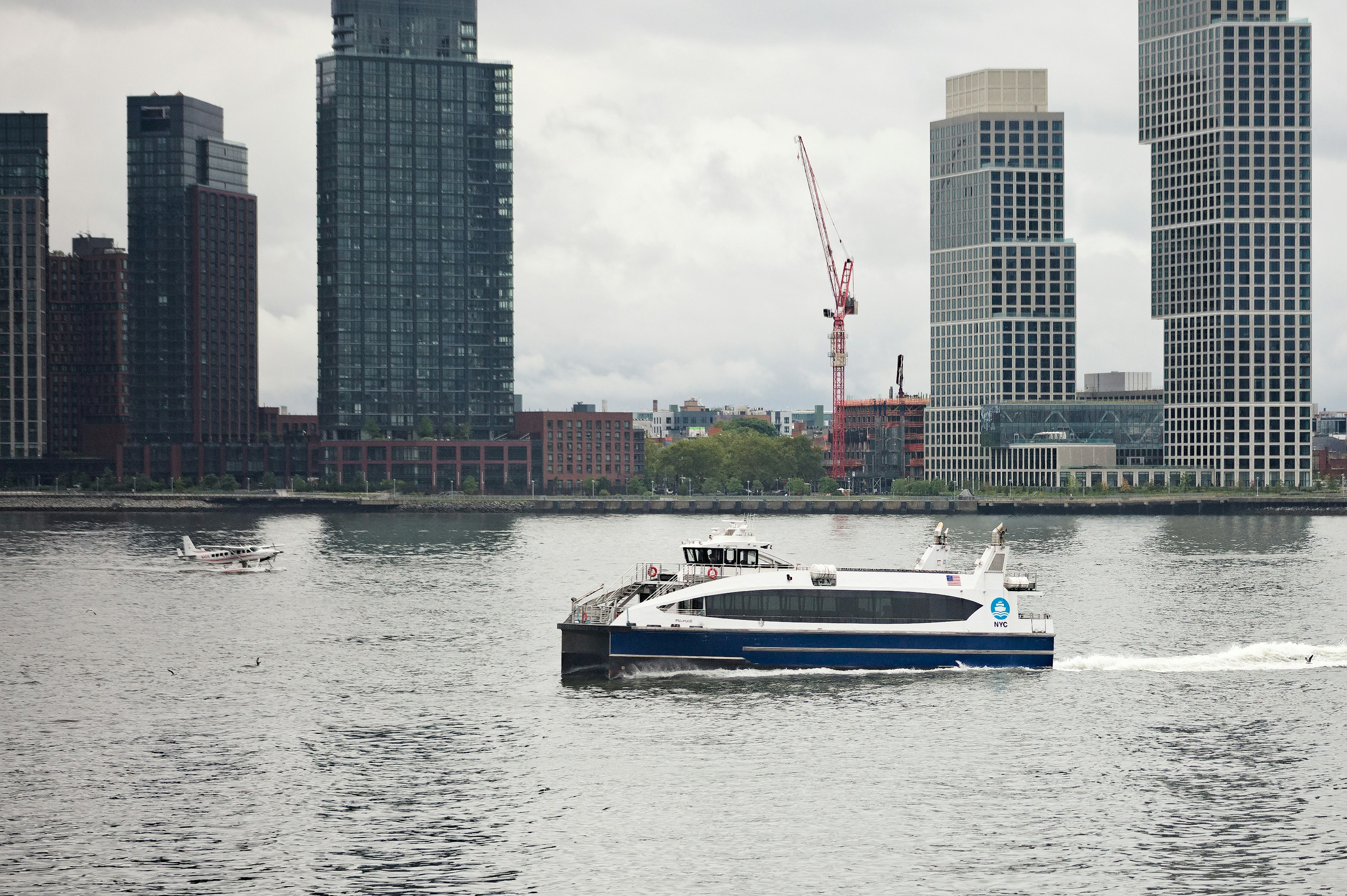 River Ferry Gliding Past a Modern Skyline