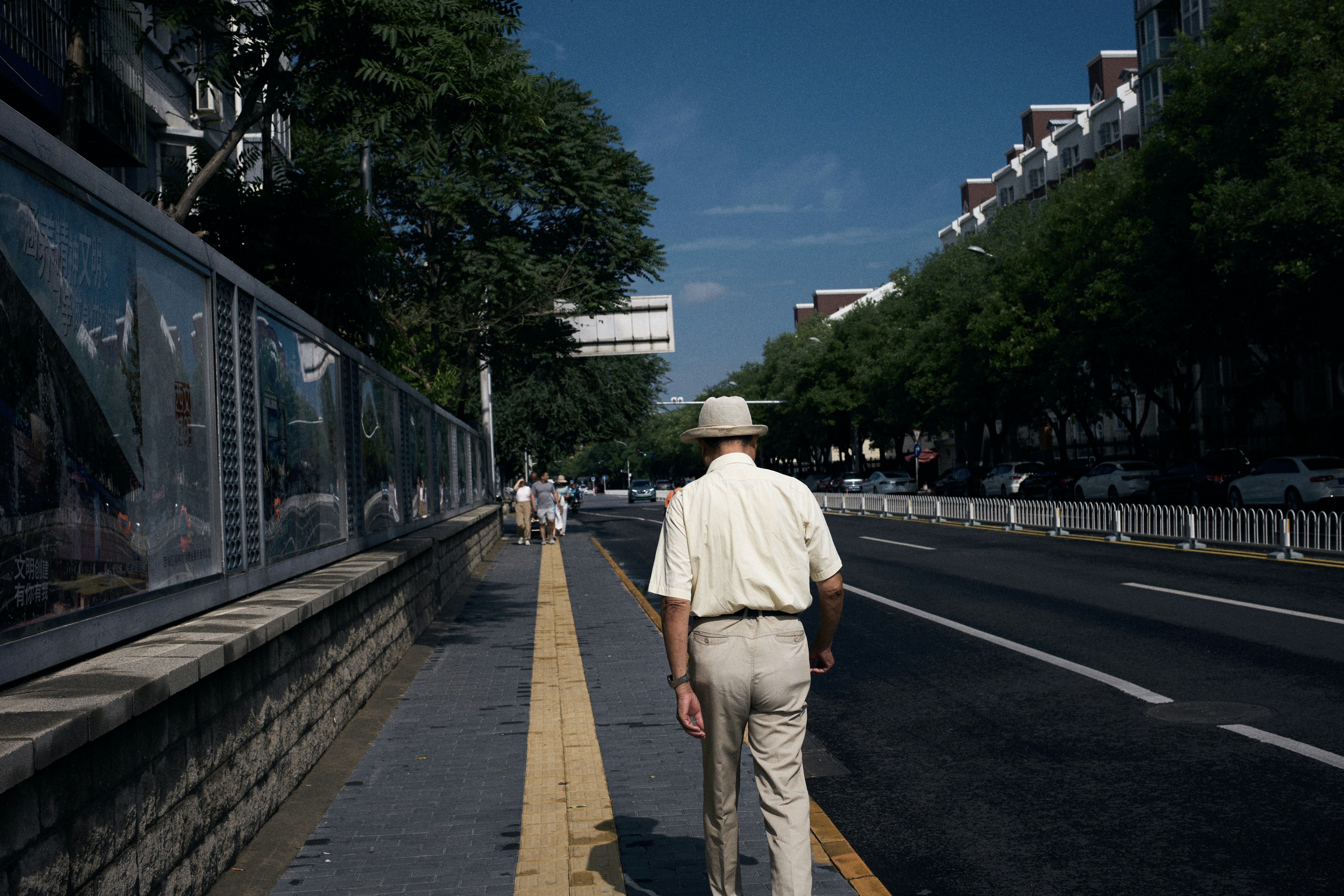 Hat-Wearing Walker on a Sunlit City Boulevard