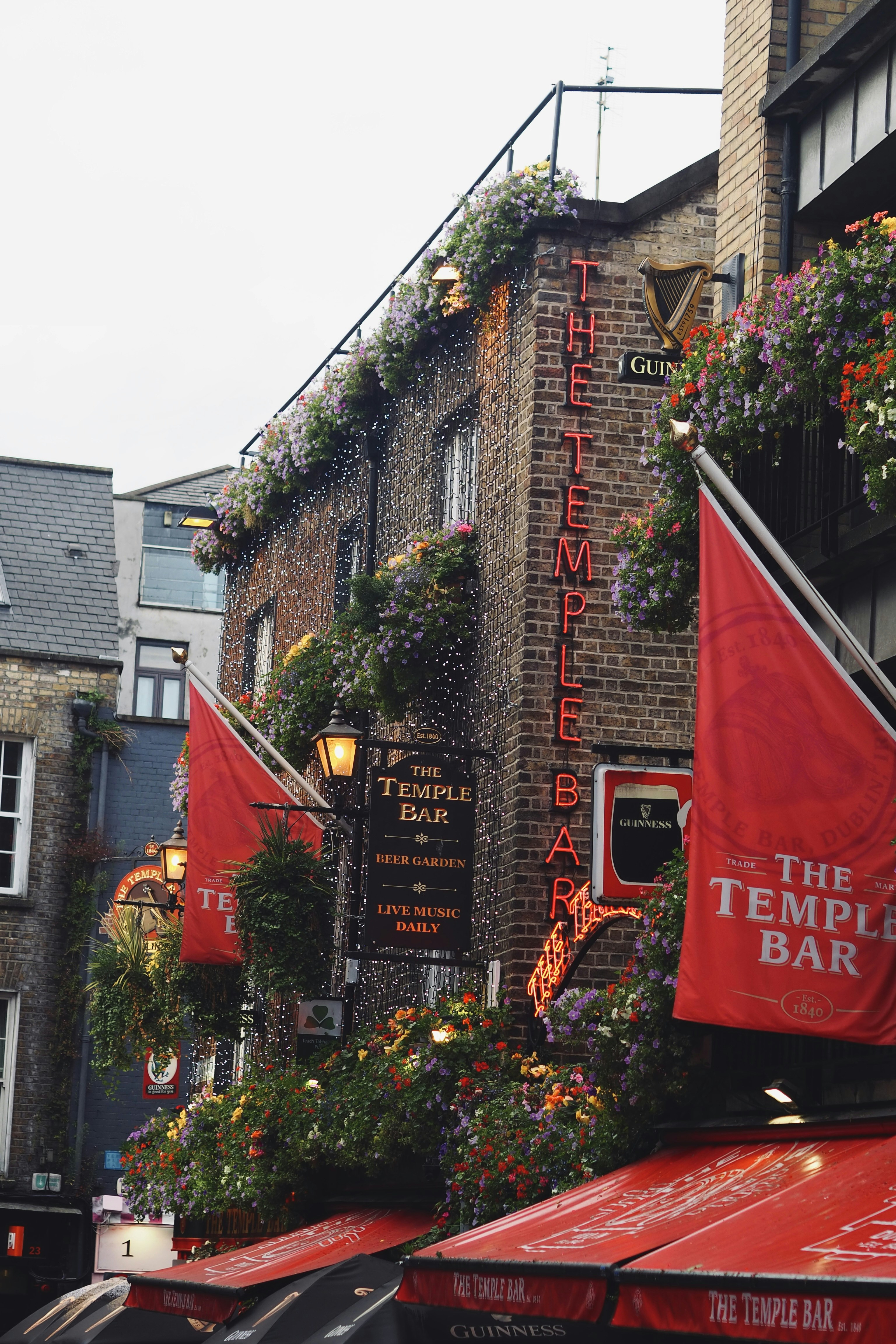 Neon Signage and Flowered Facade of The Temple Bar