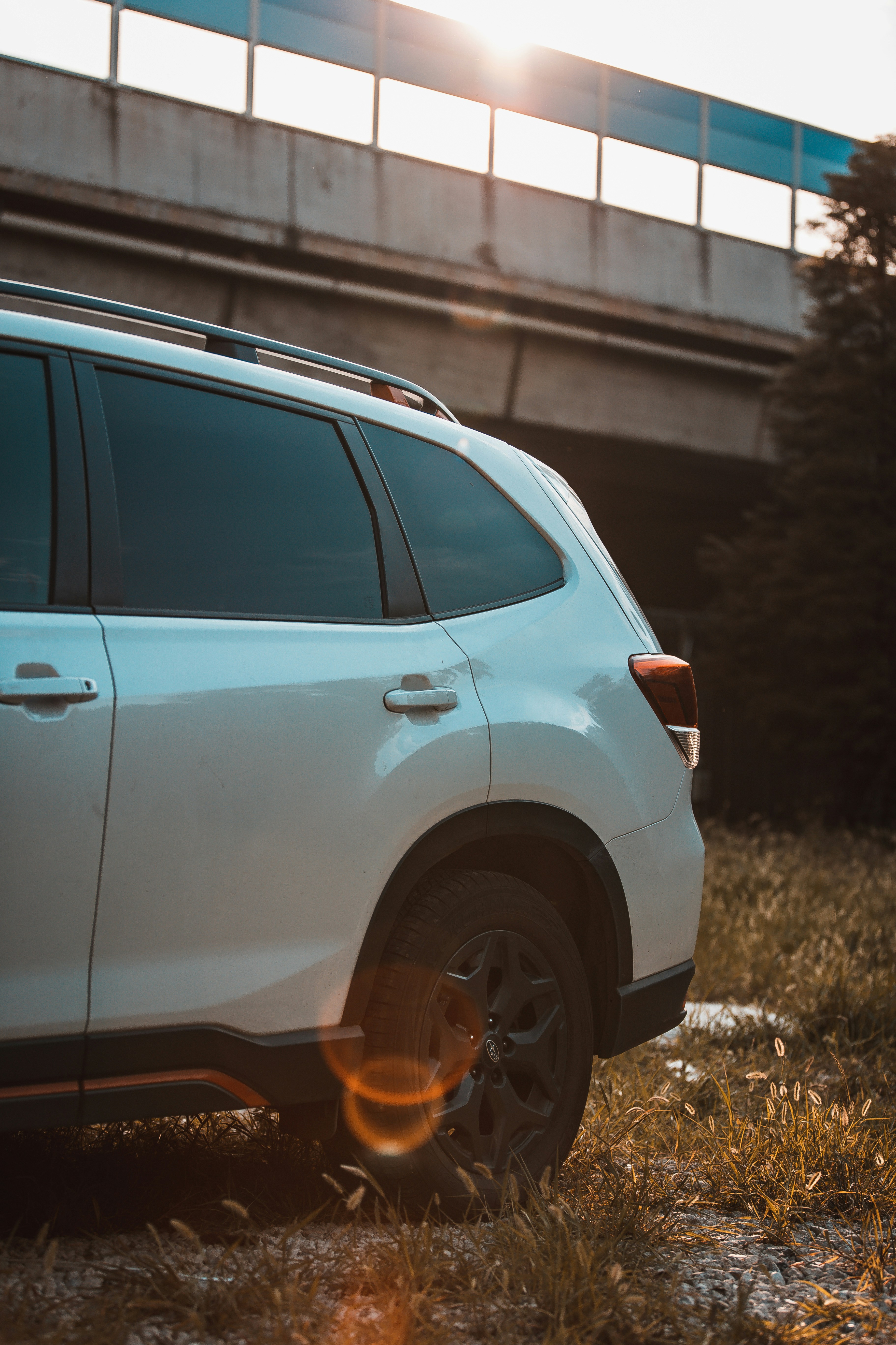 A sleek white SUV parked near a bridge, with sunlight creating a warm glow on the vehicle's surface. The contrast between nature and urban infrastructure is evident.