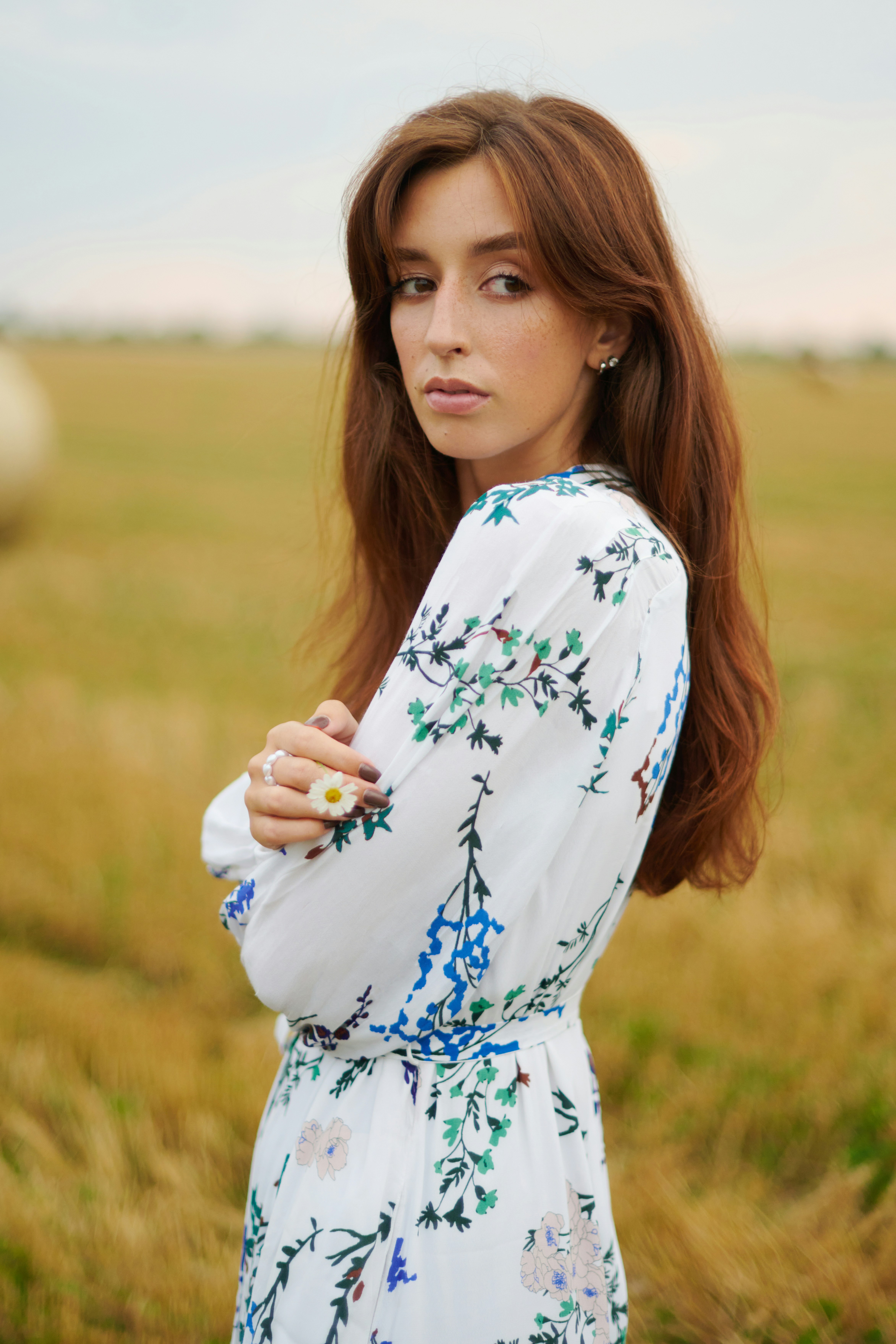 Meadow Quiet: Red-Haired Muse in a White Floral Dress