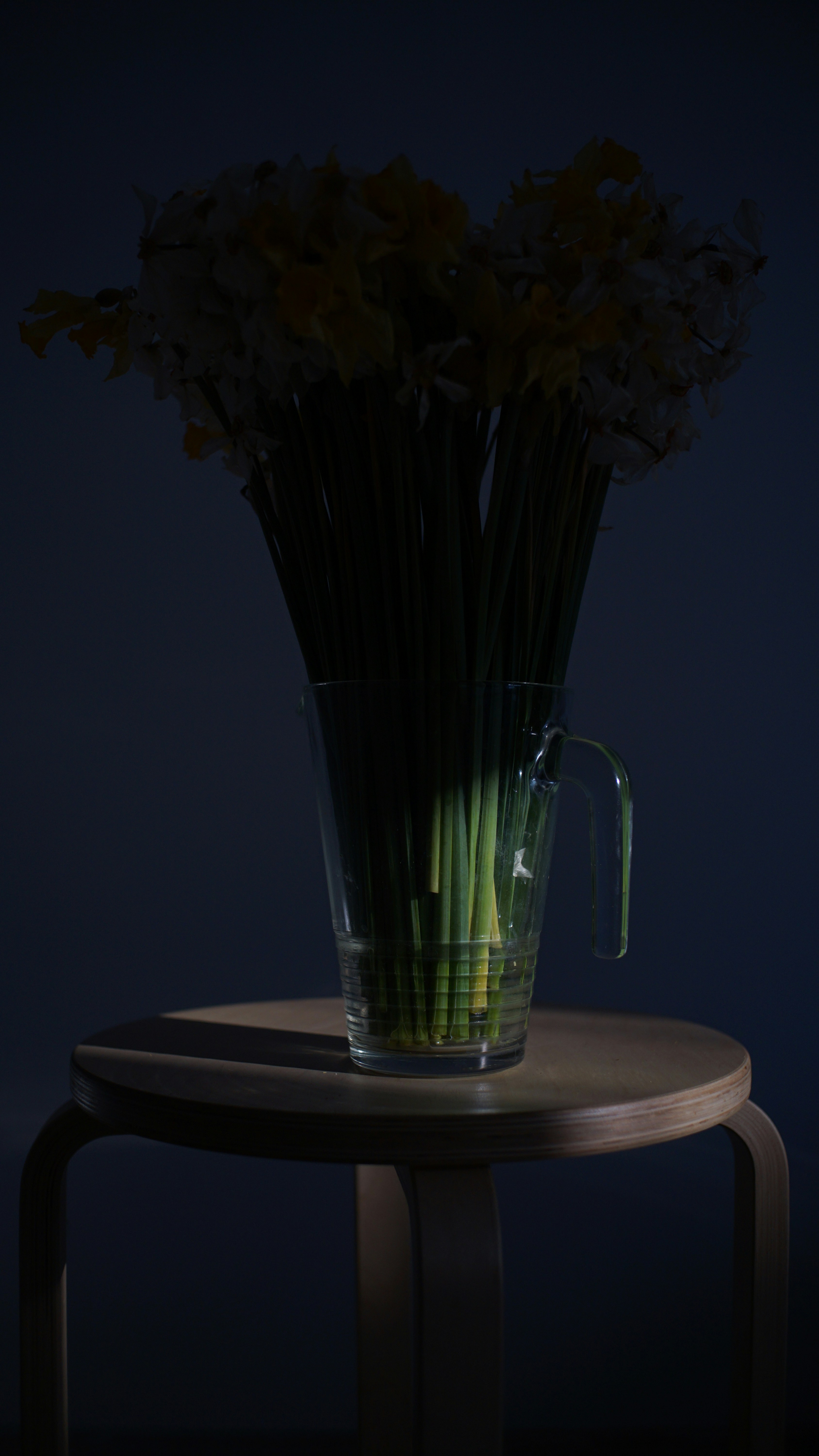 Midnight Vase: A Glass Pitcher with Dried Flowers on a Wooden Stool