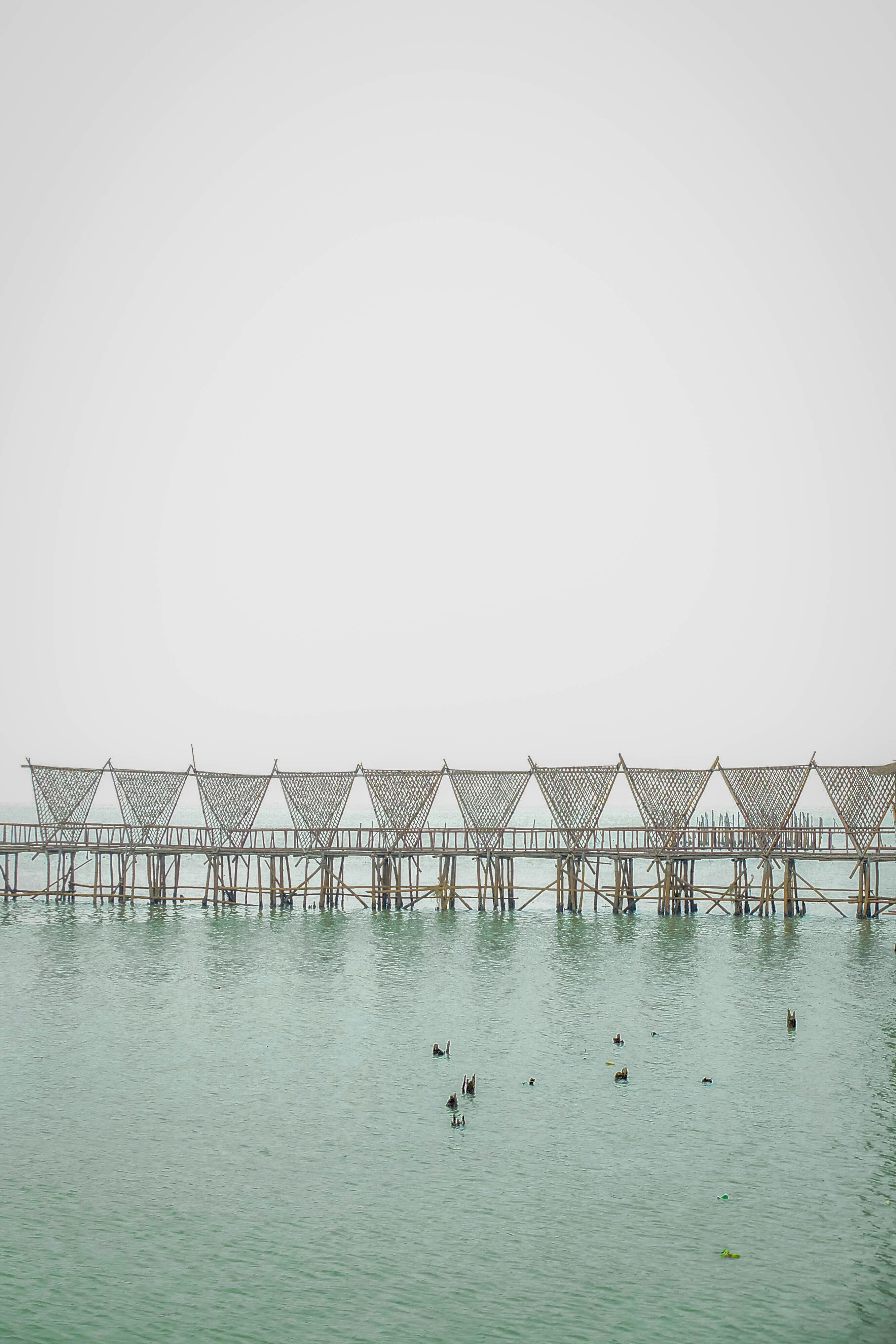 A photograph of a wooden pier with repeating triangular net canopies stretching over turquoise water.